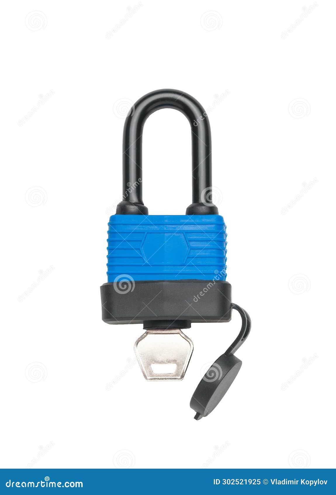 Classic Blue Lock with an Inserted Key Isolated on a White Background ...