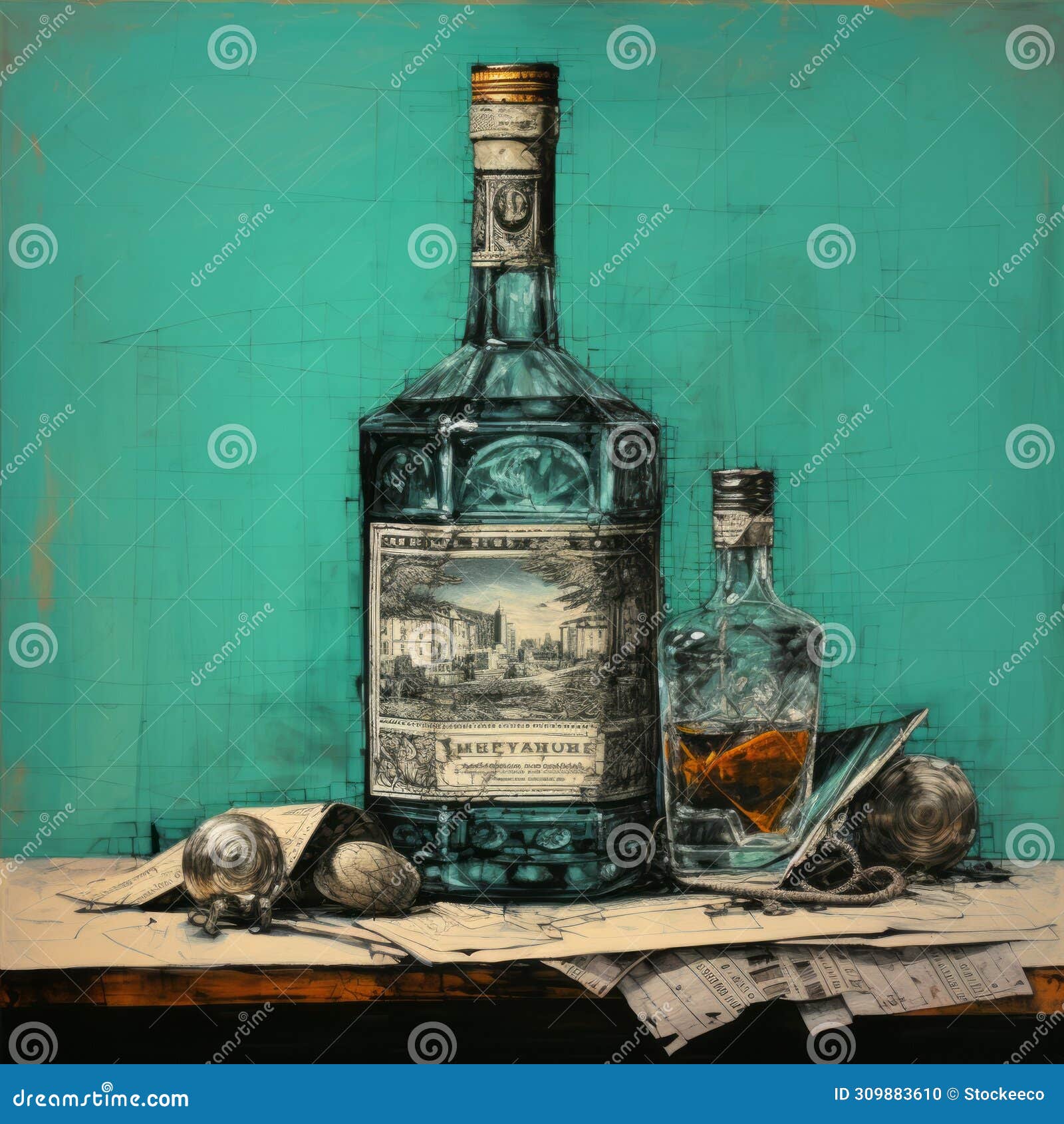 Classic Tea Bottle Printmaking On Purple Background Royalty-Free Stock ...