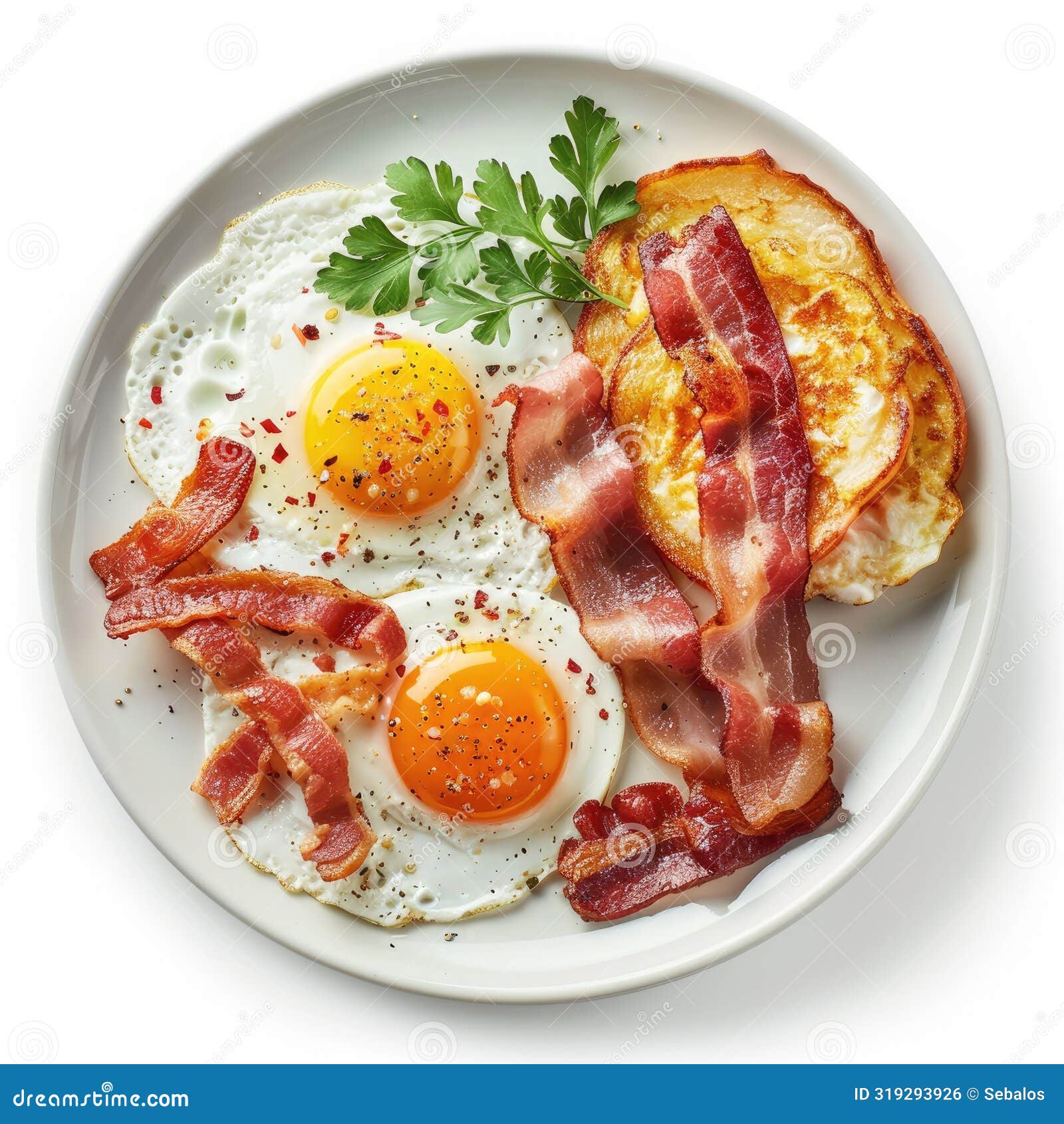 Classic Breakfast Plate with Eggs, Bacon, and Parsley. Top View Stock ...