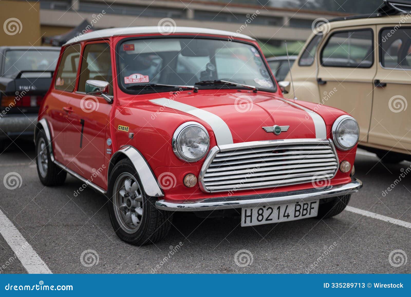 Classic British Compact Mini Cooper, Classic Red with 2 White Lines ...