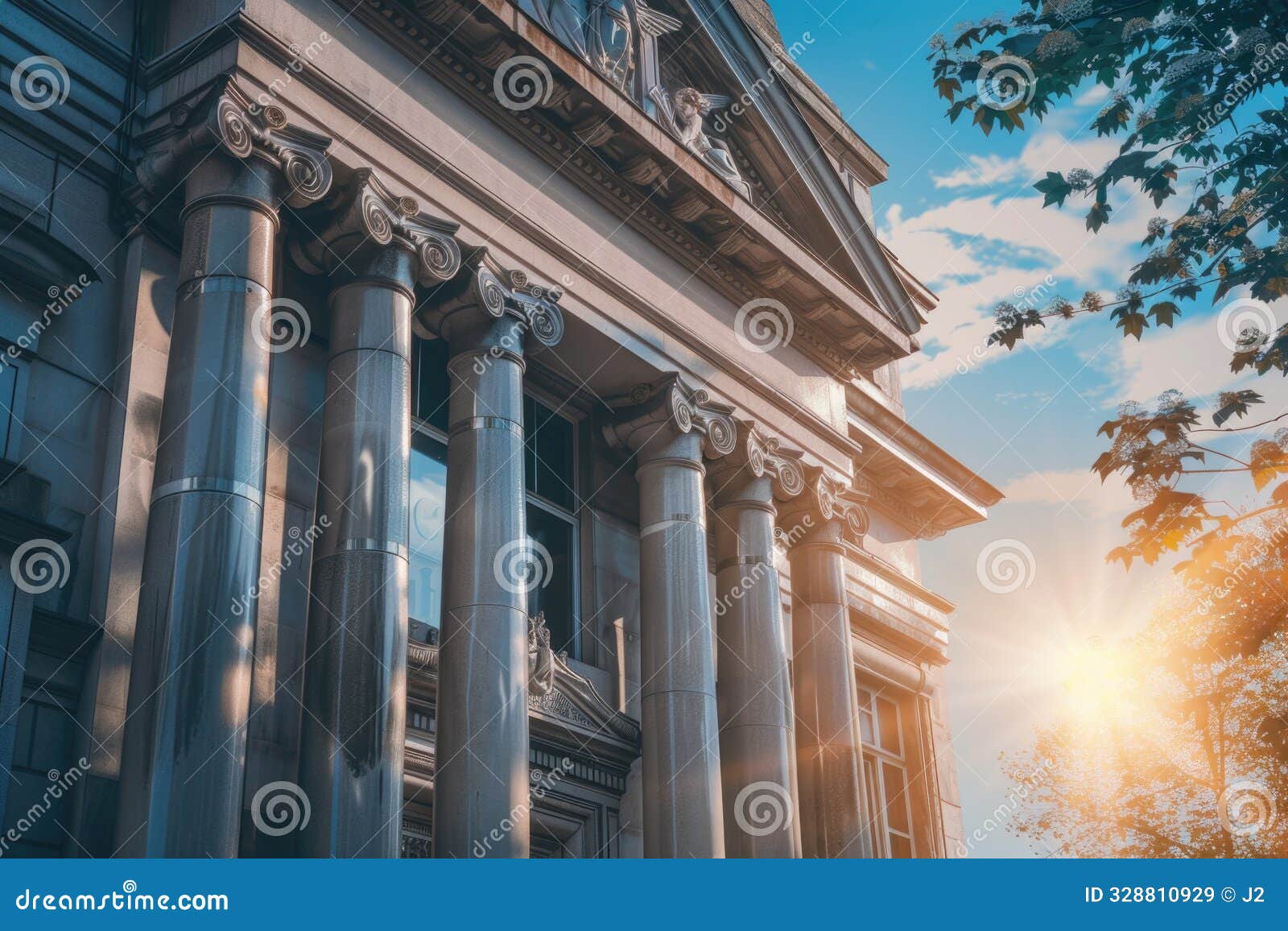 Classic Building Facade with Columns Illuminated by the Setting Sun ...