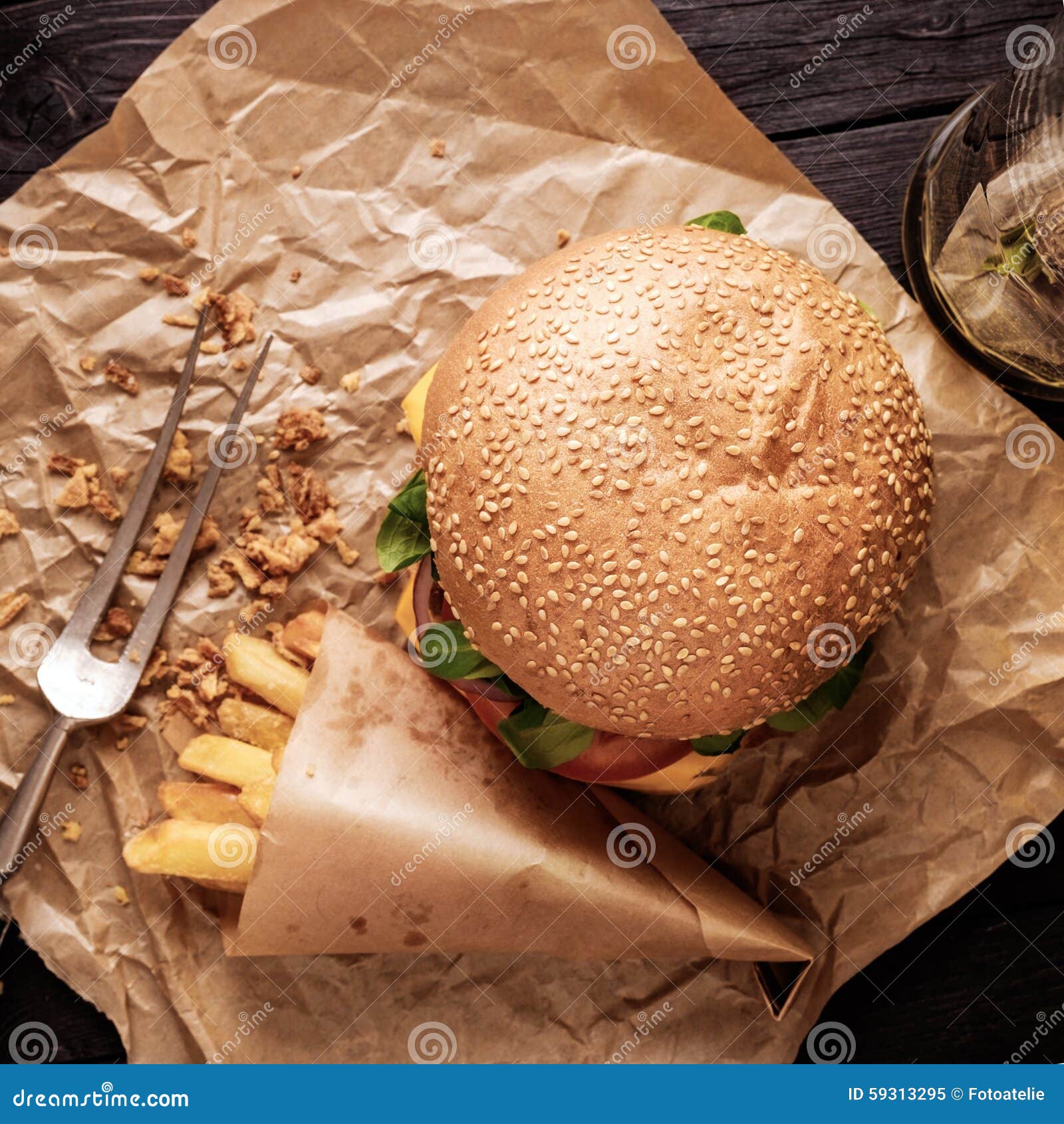 Classic Burger and Chips on the Table. Stock Image - Image of eating ...
