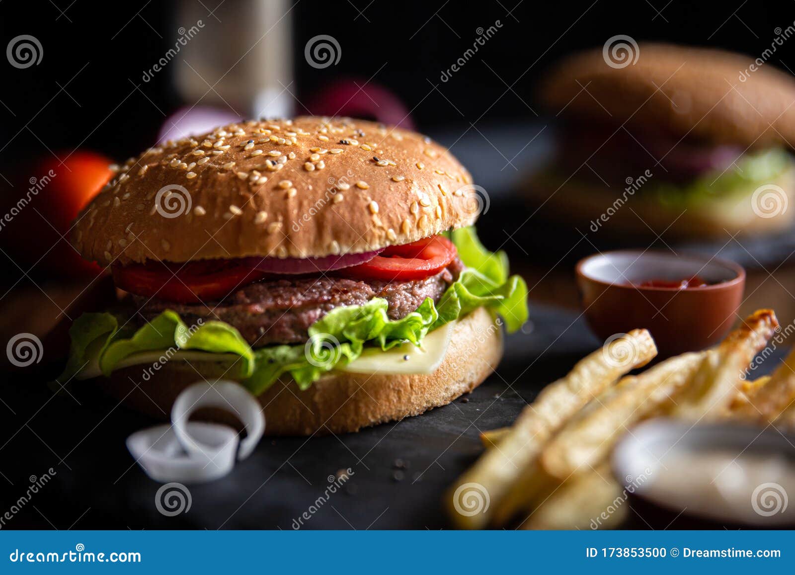 Classic burger with fries stock photo. Image of meal - 173853500