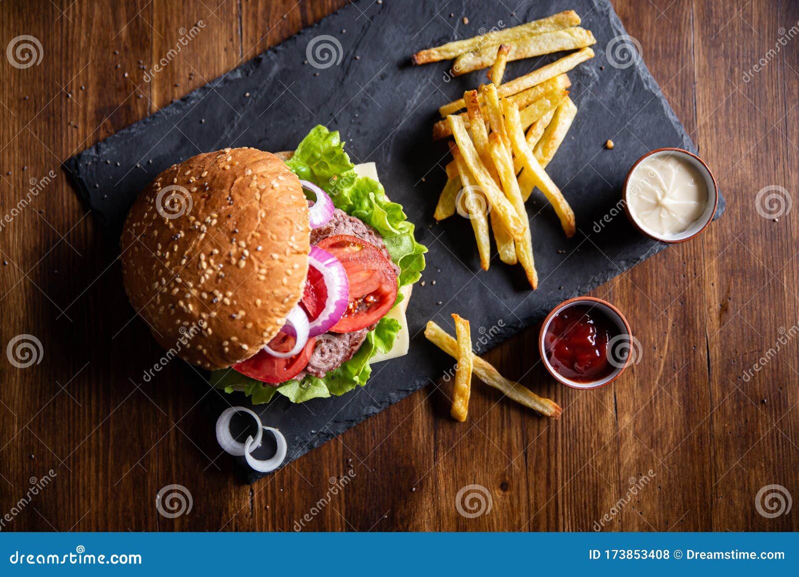 Classic Burger with Fries and Onions Stock Photo - Image of shade, base ...