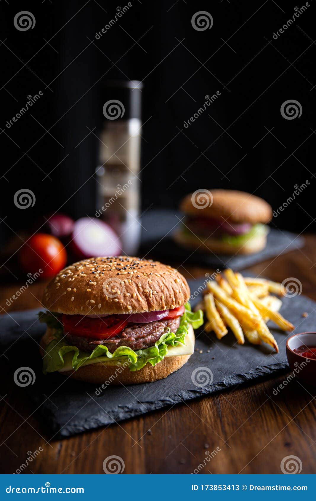 Classic burger with fries stock image. Image of hamburger - 173853413