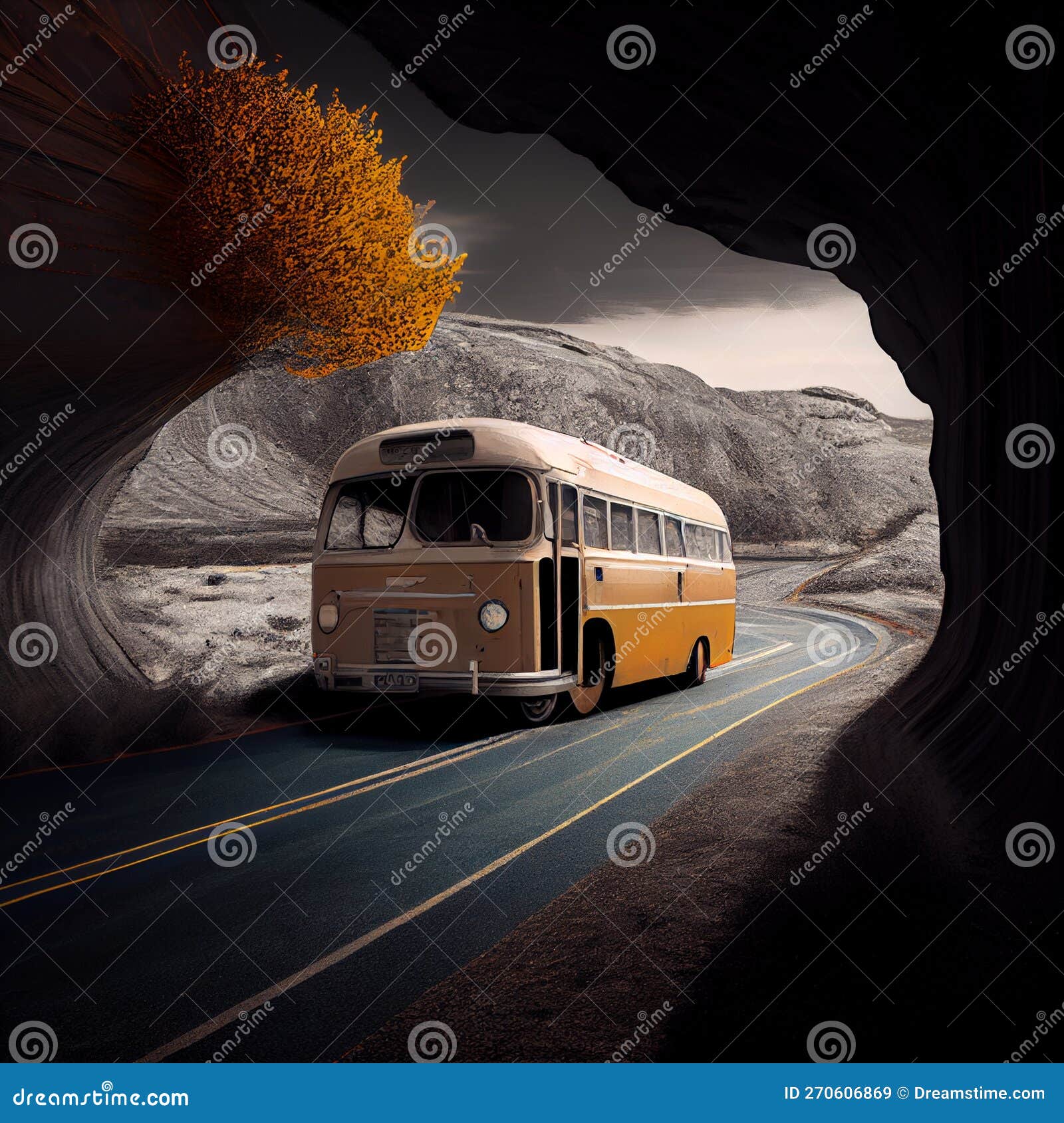 Classic Bus on Road stock illustration. Illustration of retro - 270606869