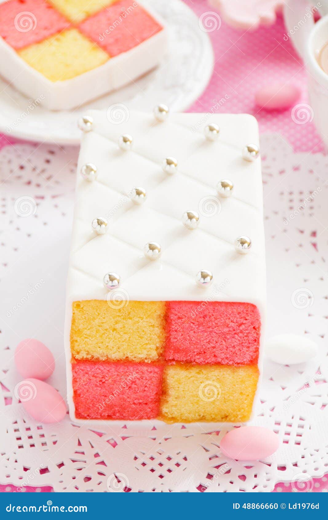 Classic Cake Biscuit Battenberg Stock Photo - Image of marzipan, fork ...