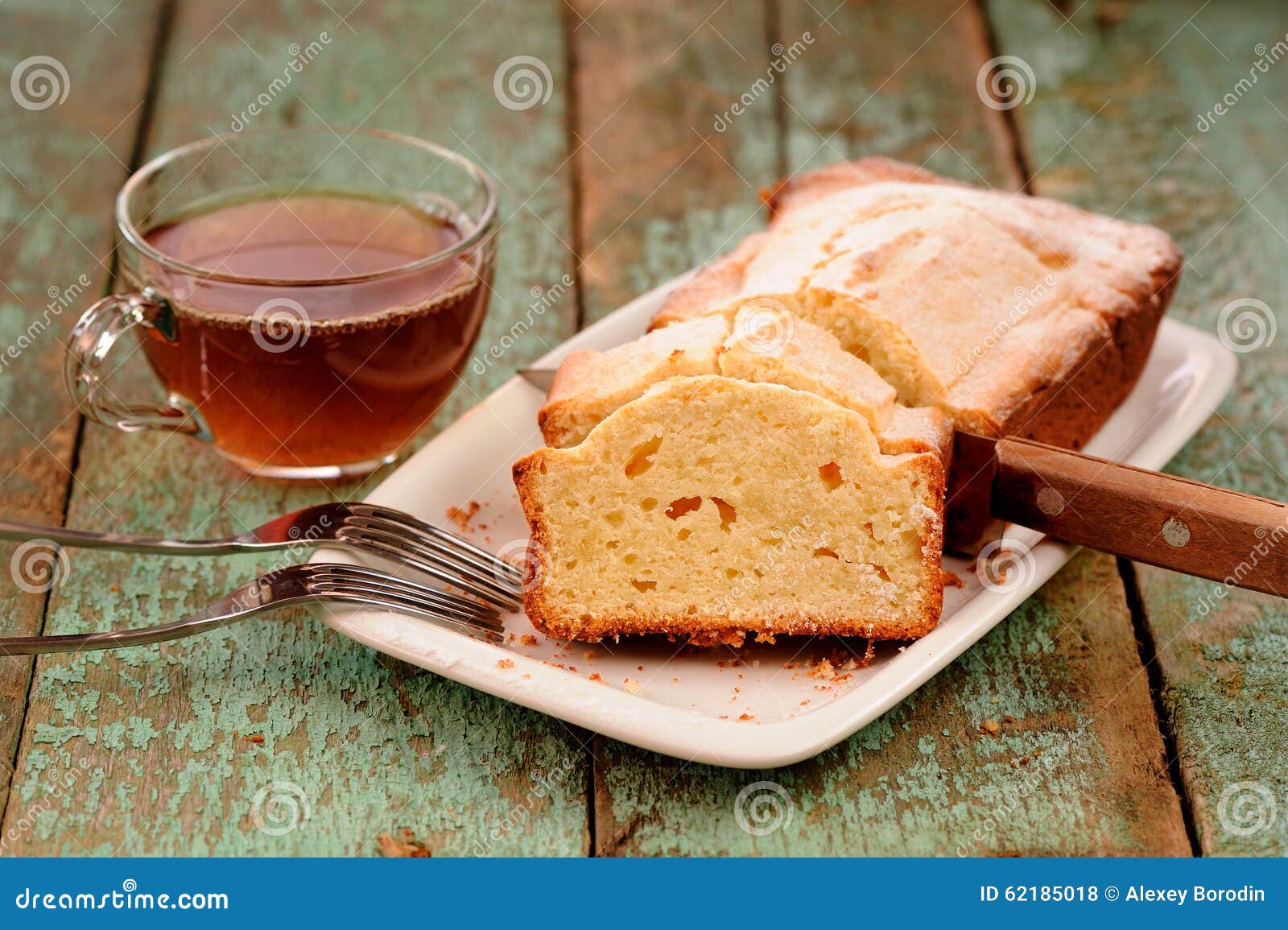 Classic Cake and Cup of Tea on Old Painted Planks Stock Photo - Image ...