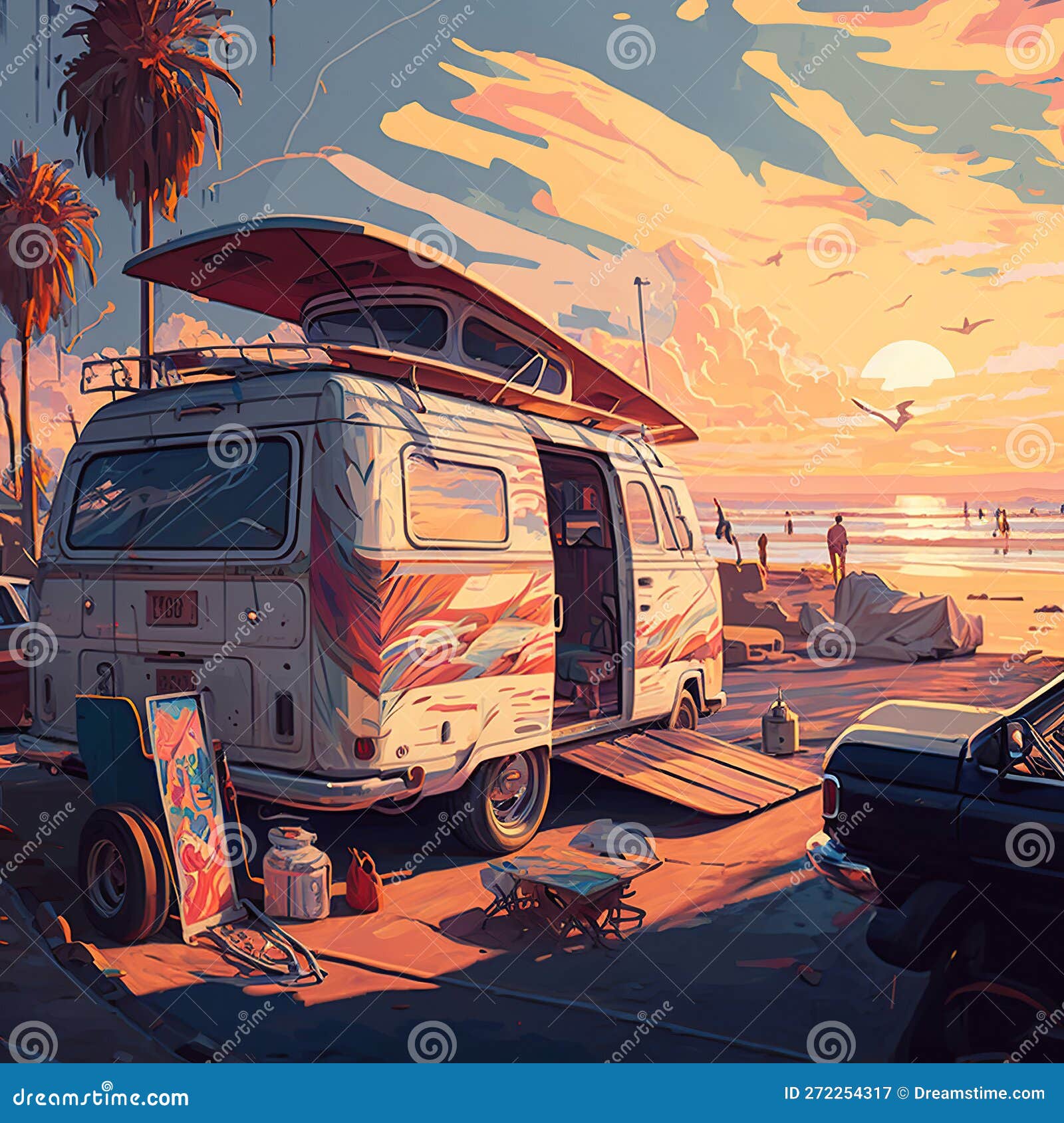 Classic Camper Van Artwork with a Beachy Backdrop, Generative Ai Stock ...
