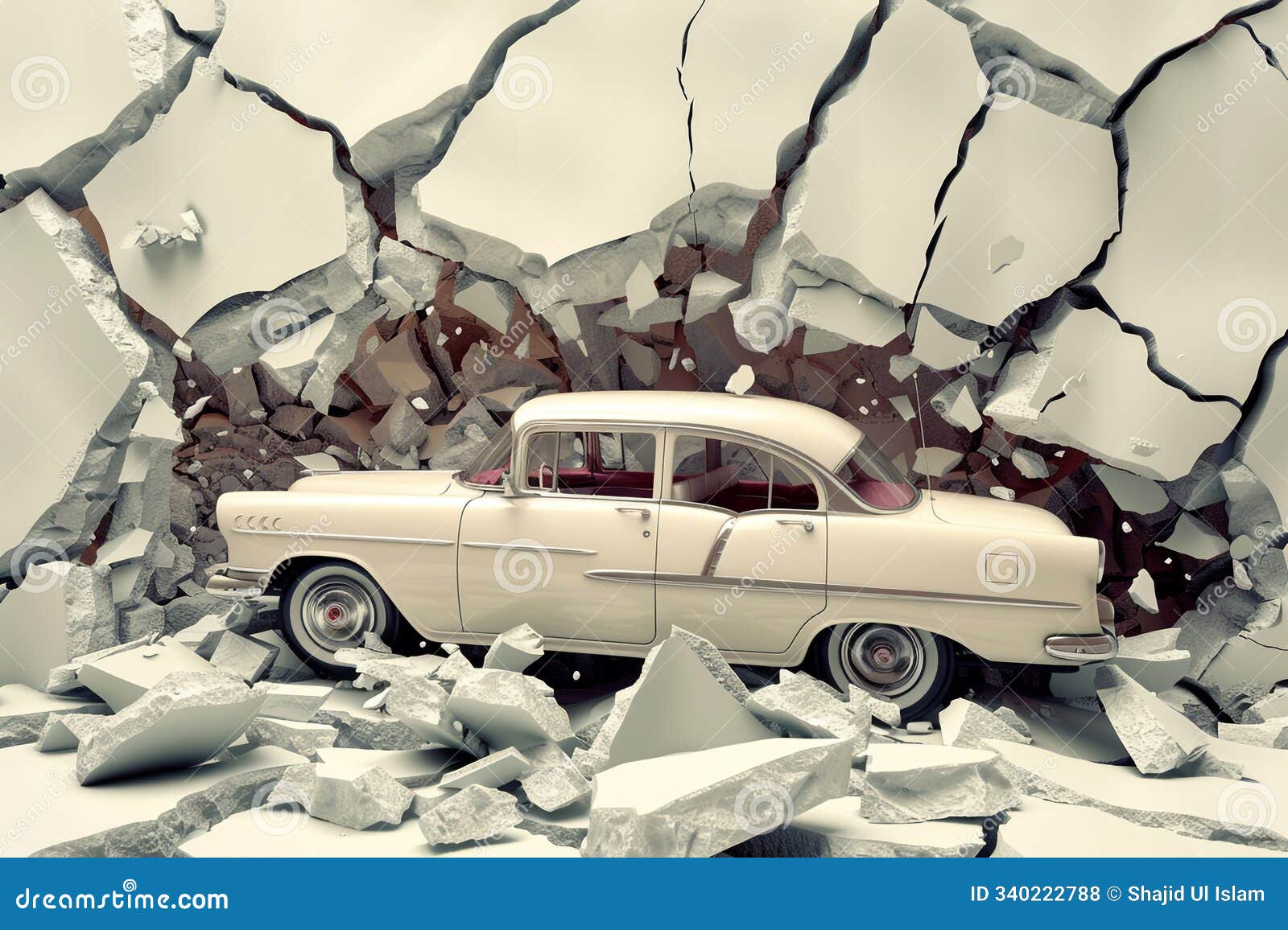 Classic Car Breaking through Wall Stock Photo - Image of force, motion ...
