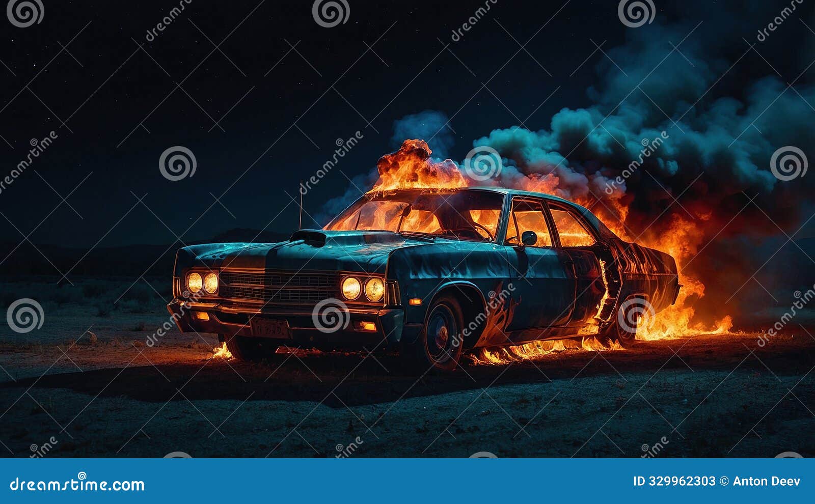 A Classic Car Burning in the Desert at Night Stock Image - Image of ...