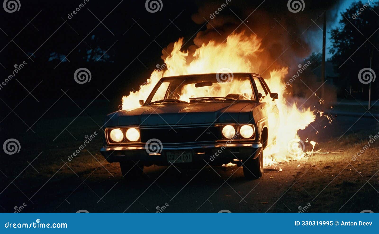 A Classic Car Burning in the Desert at Night Stock Image - Image of ...