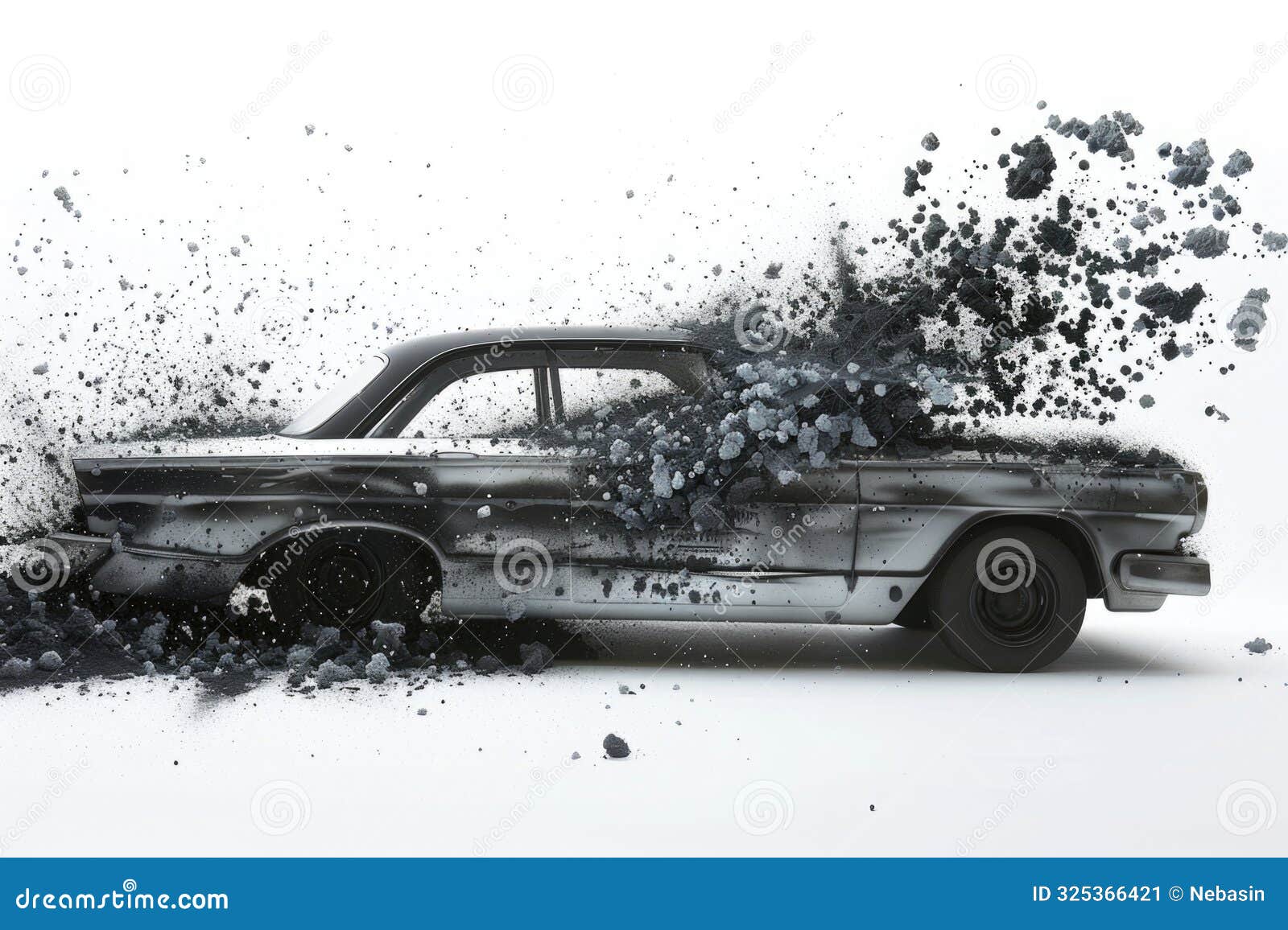 A Classic Car is Engulfed in a Dramatic Explosion of Black and White ...