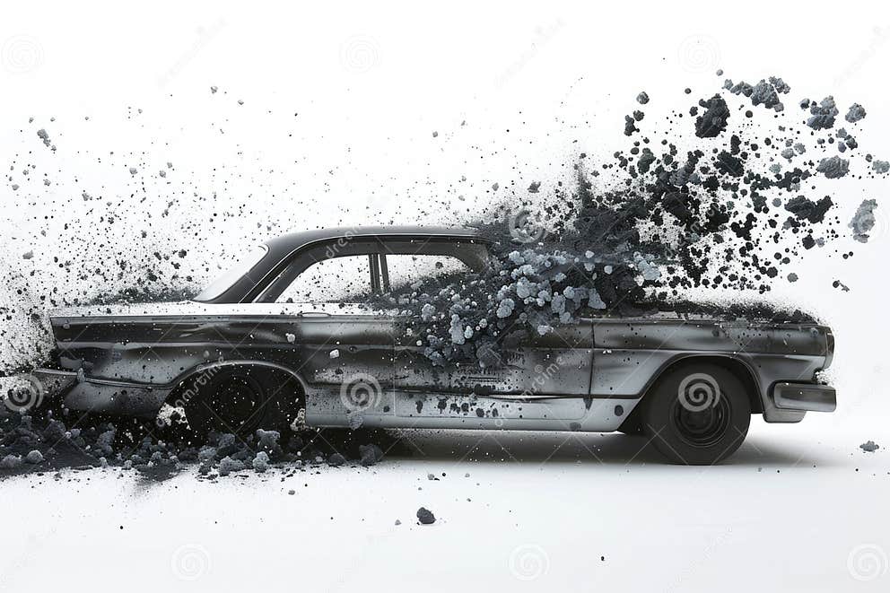 A Classic Car is Engulfed in a Dramatic Explosion of Black and White ...