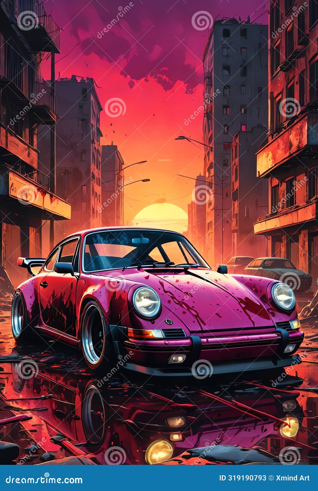 Classic Car Poster with Apocalypse Style and Sunset Background Stock ...