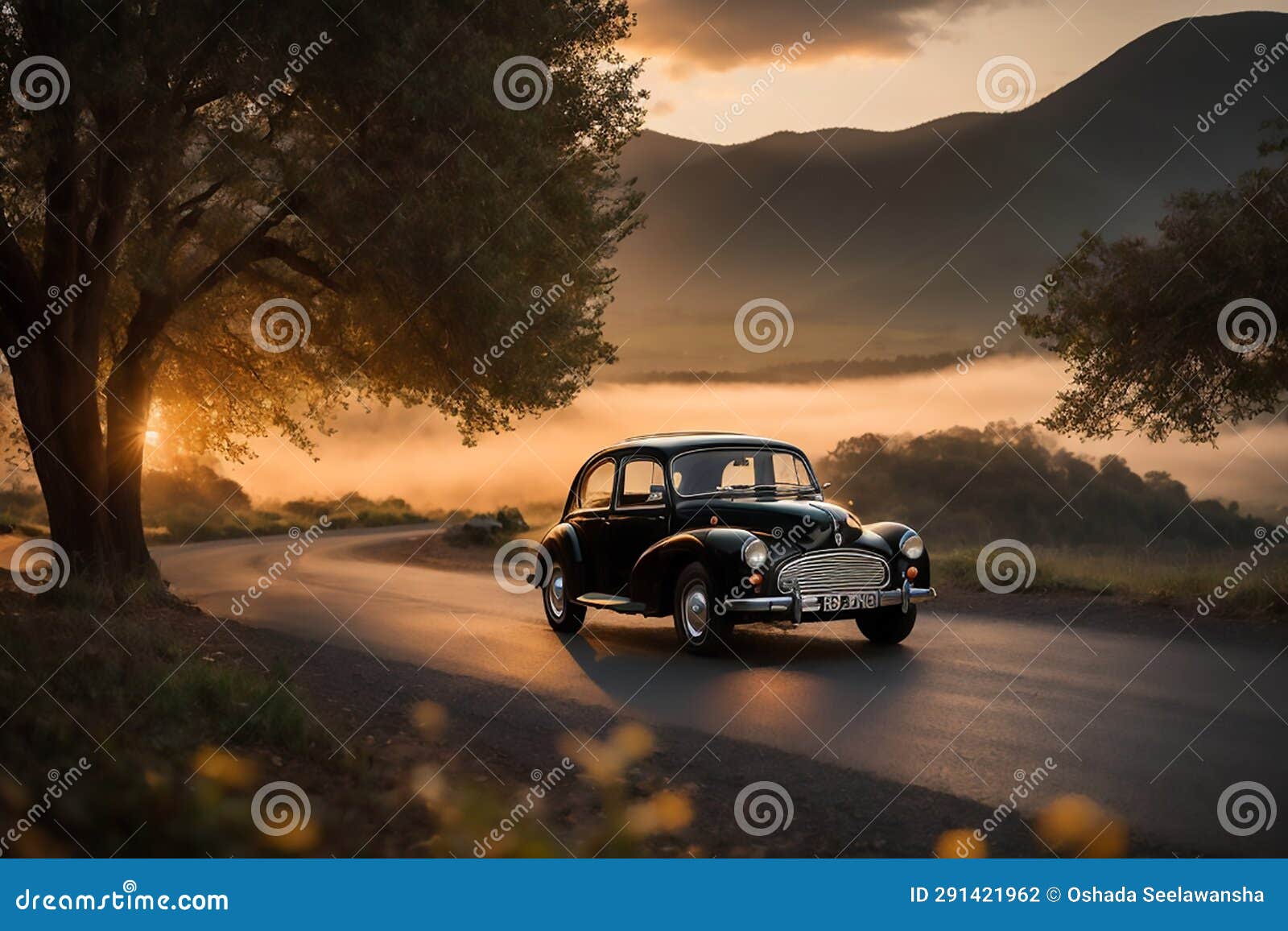 Classic Car on the Road Sunset Background Stock Illustration ...