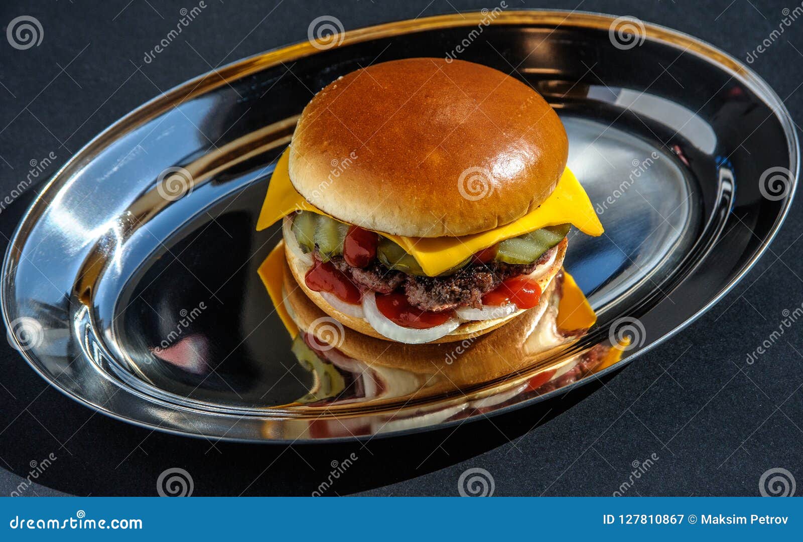 Classic Cheeseburger on a Metal Plate Stock Image - Image of ketchup ...