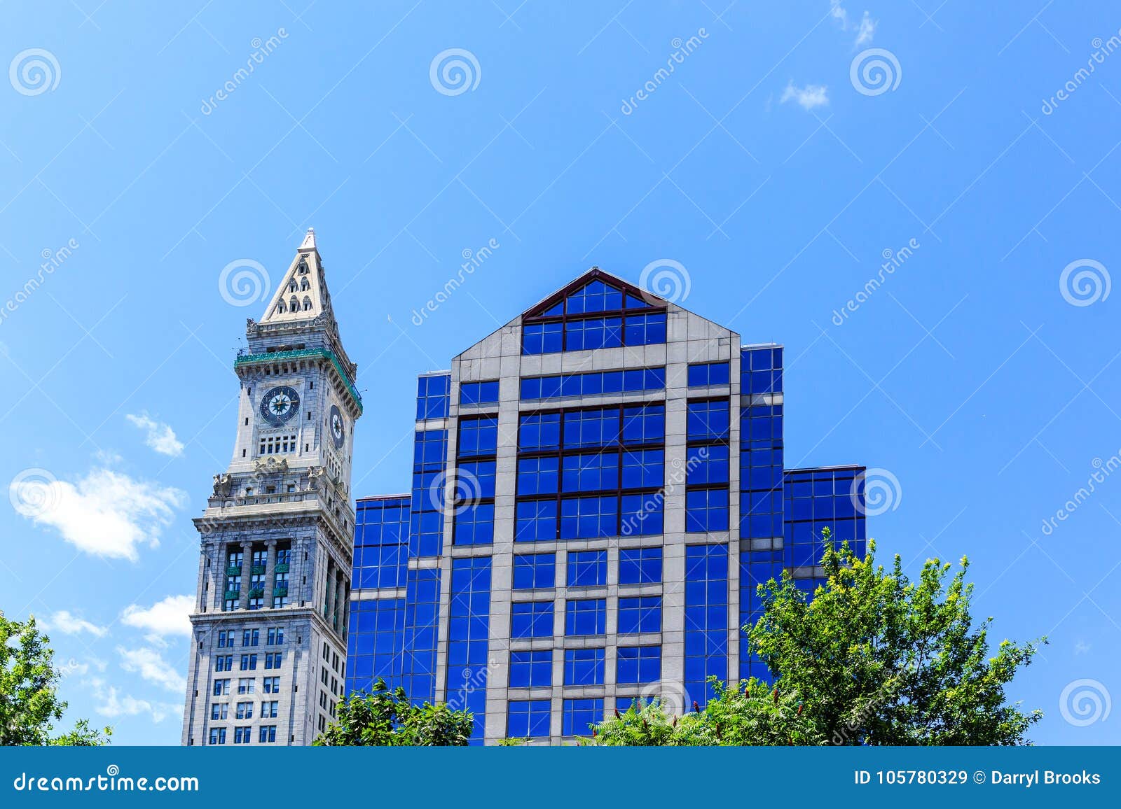 Classic Clock Tower by Blue Glass Office Tower Stock Image - Image of ...