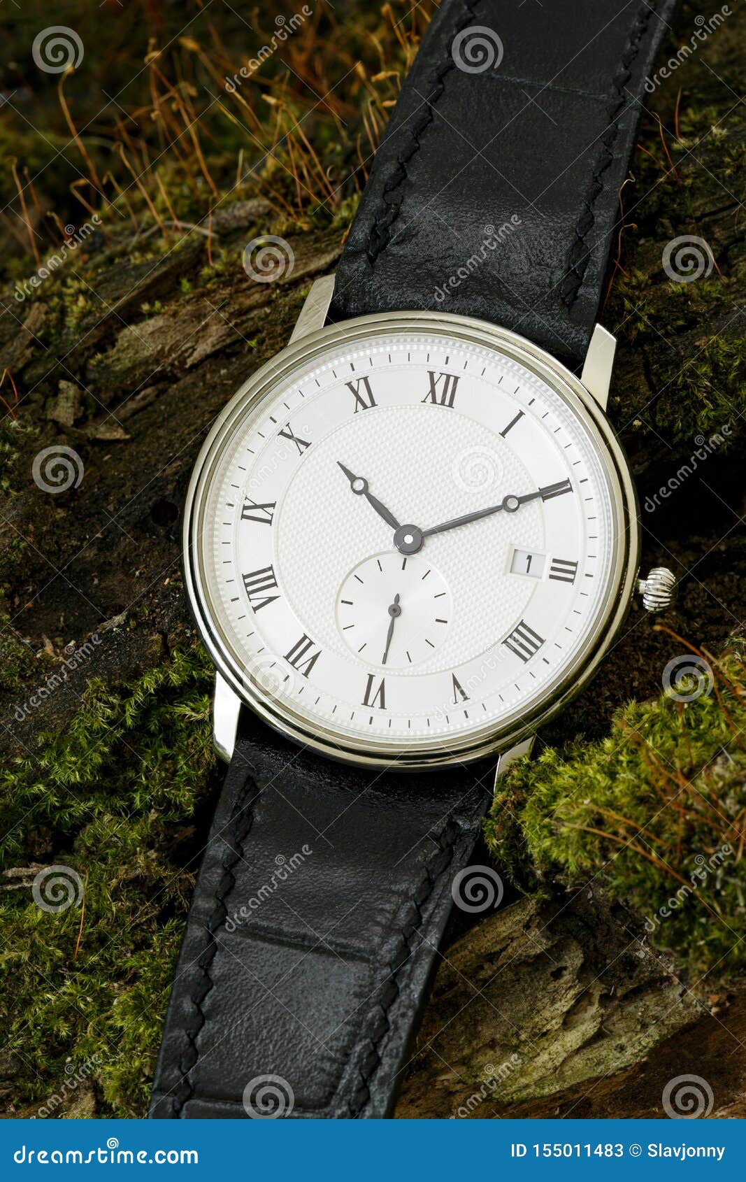 Classic Clock with White Dial and Black Leather Strap Lie on an Old ...