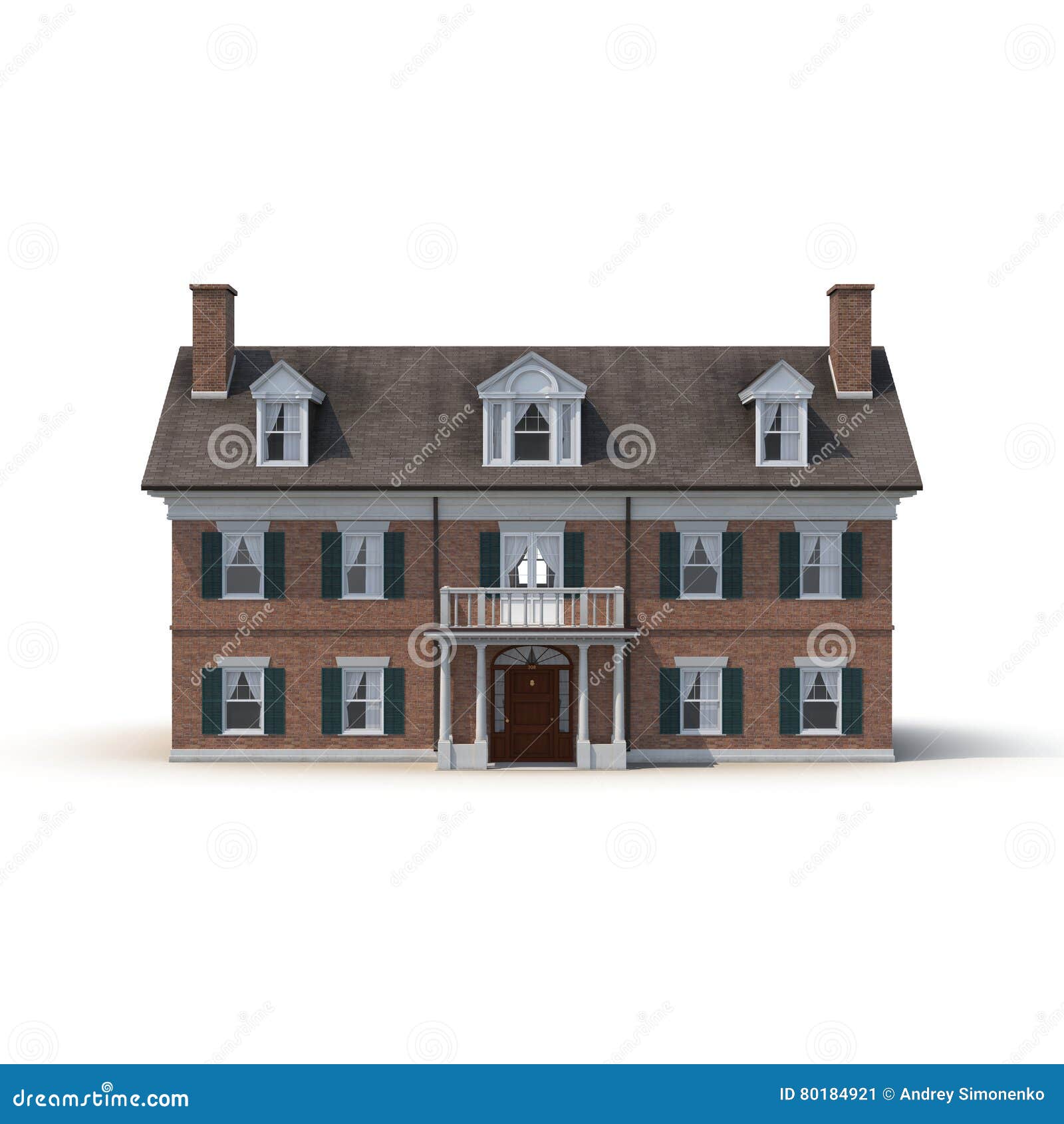 Classic Colonial Brick House Isolated on White. Front View. 3D ...