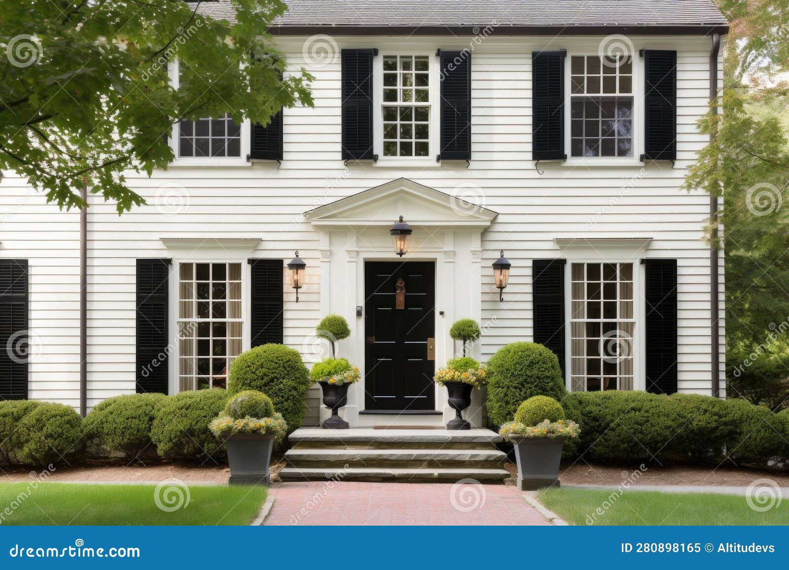 Classic Colonial Home with White Shutters and Black Door Stock ...