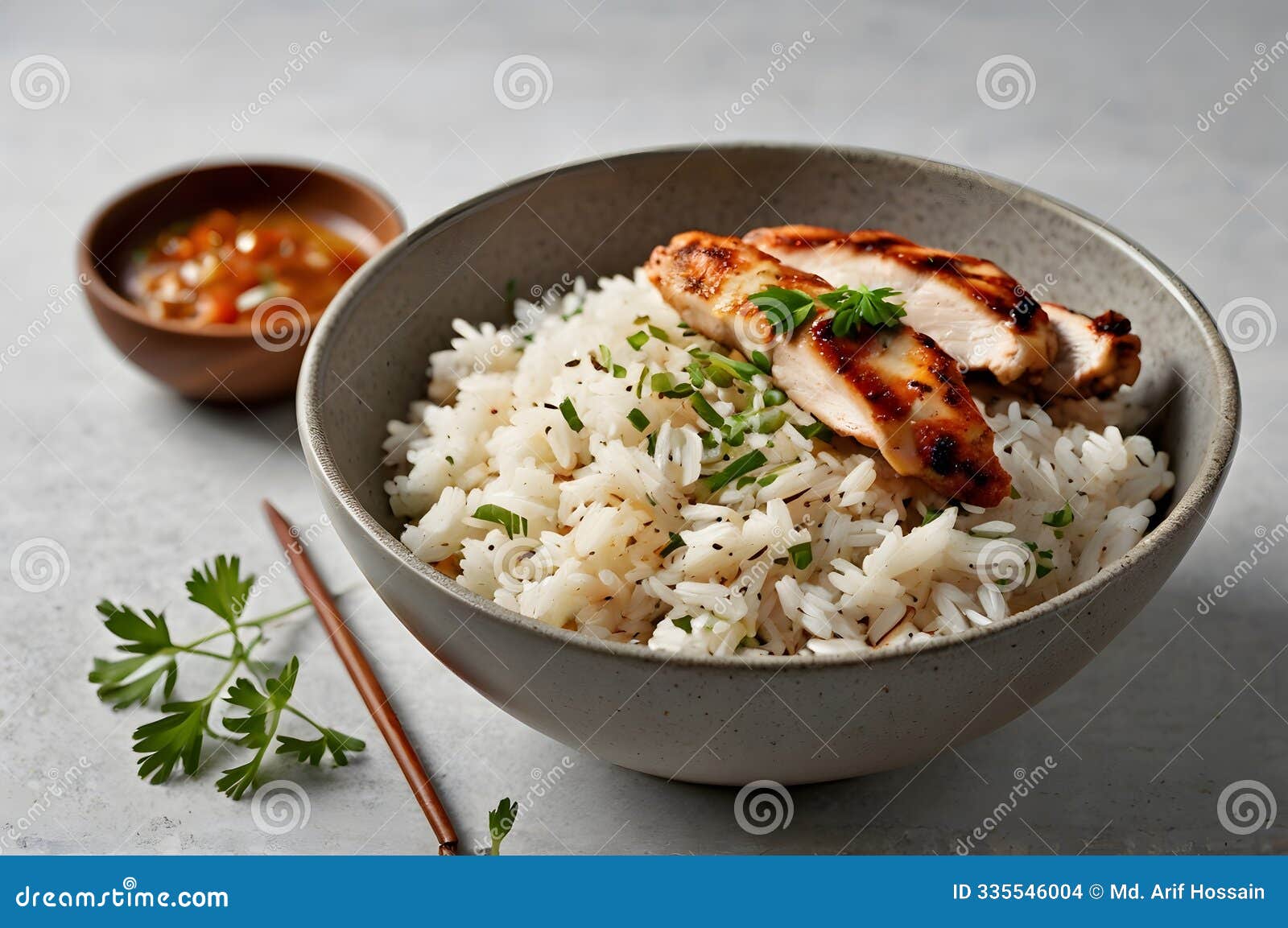 Classic Comfort Steaming Bowl of Rice with Tender Chicken Strips ...