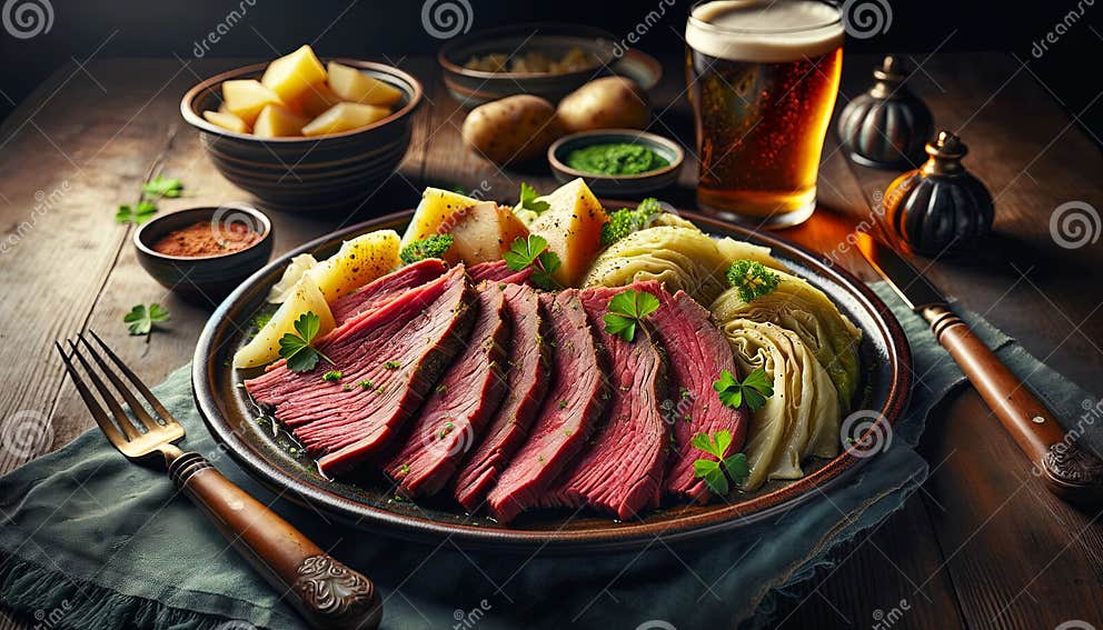 Classic Corned Beef and Cabbage Dinner with Potatoes and Beer Stock ...