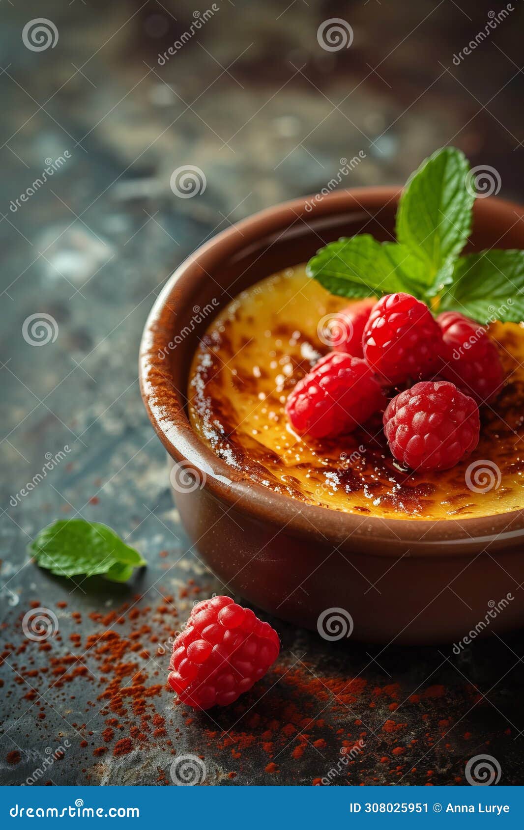 A Classic Creme Brulee Dessert Accented With A Handful Of Raspberries
