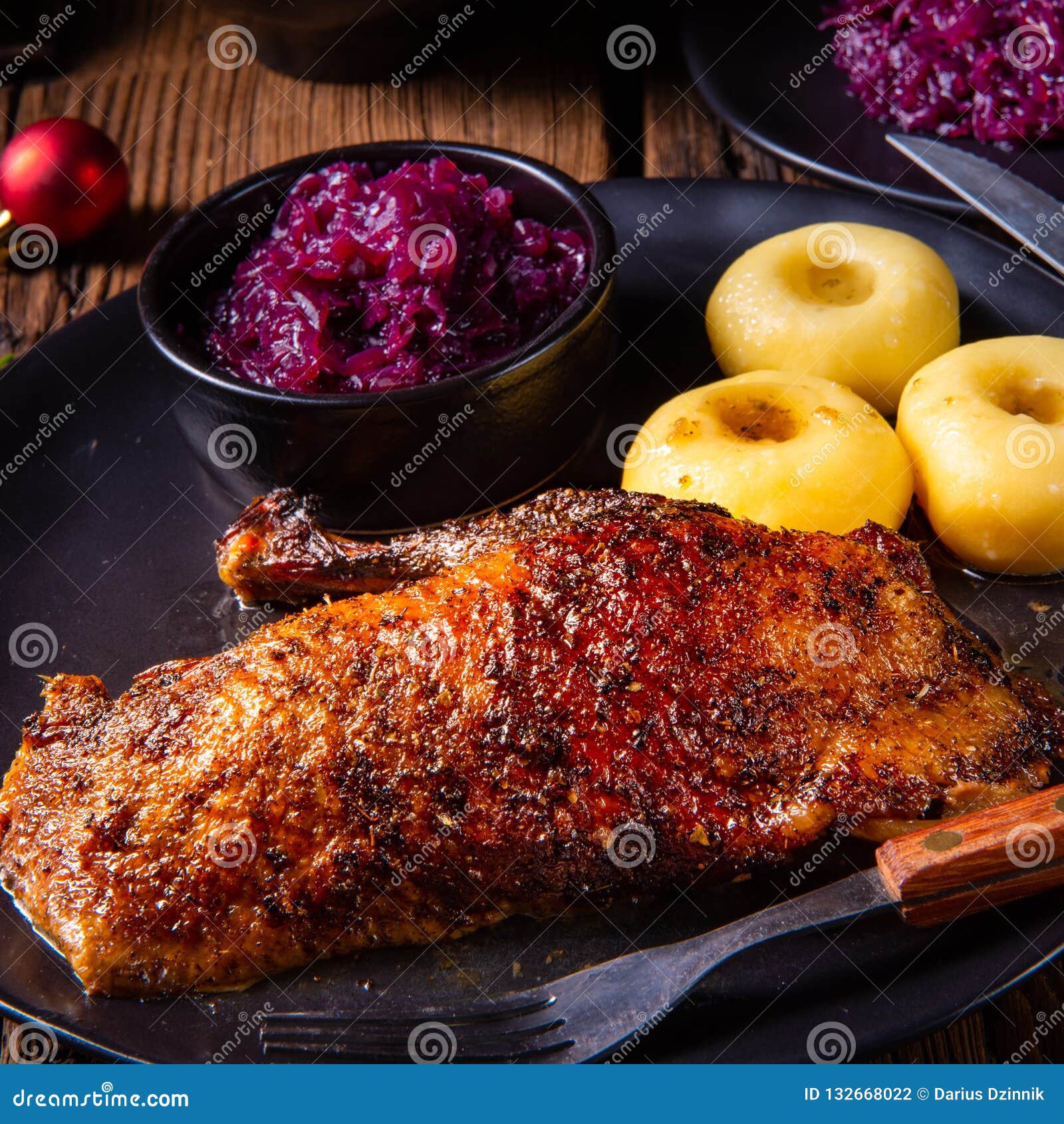 Classic and Crispy Roasted Duck with Cabbage and Dumplings Stock Photo ...