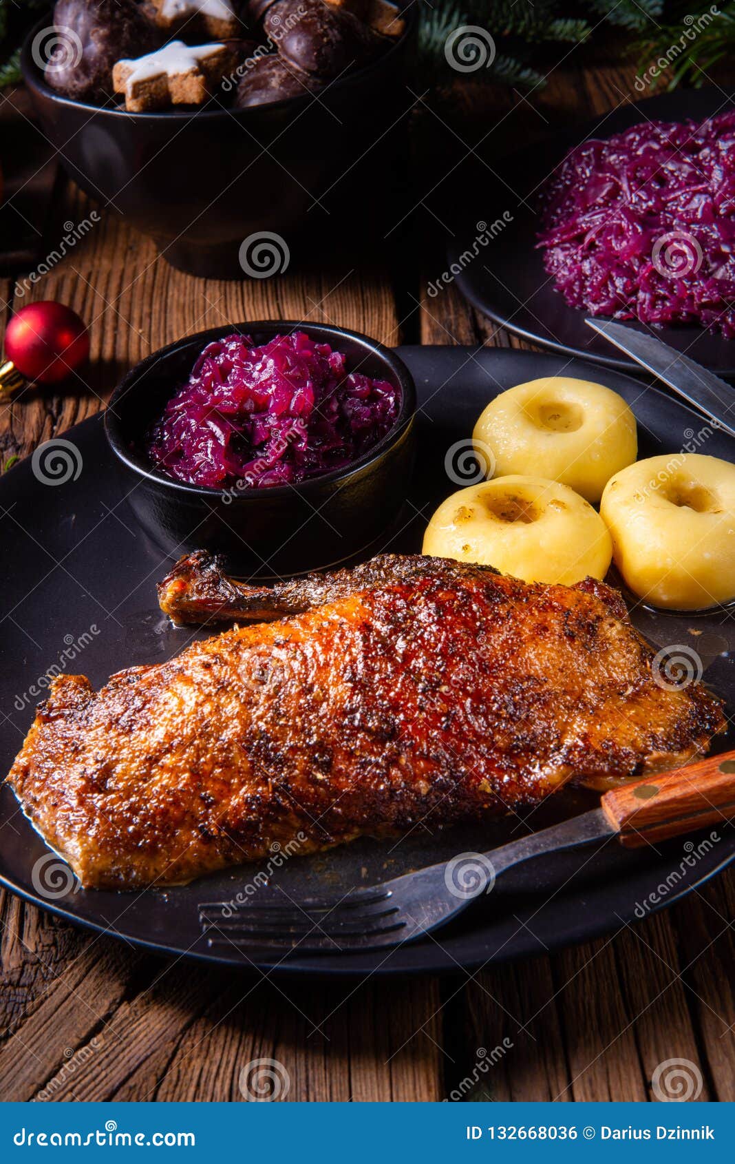 Classic and Crispy Roasted Duck with Cabbage and Dumplings Stock Photo ...