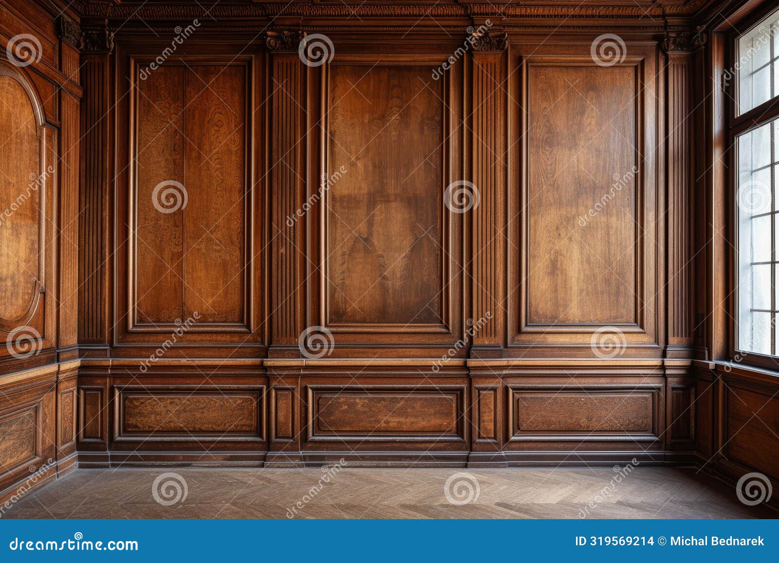 Classic Dark Wood Paneling with Intricate Detailing Stock Photo - Image ...