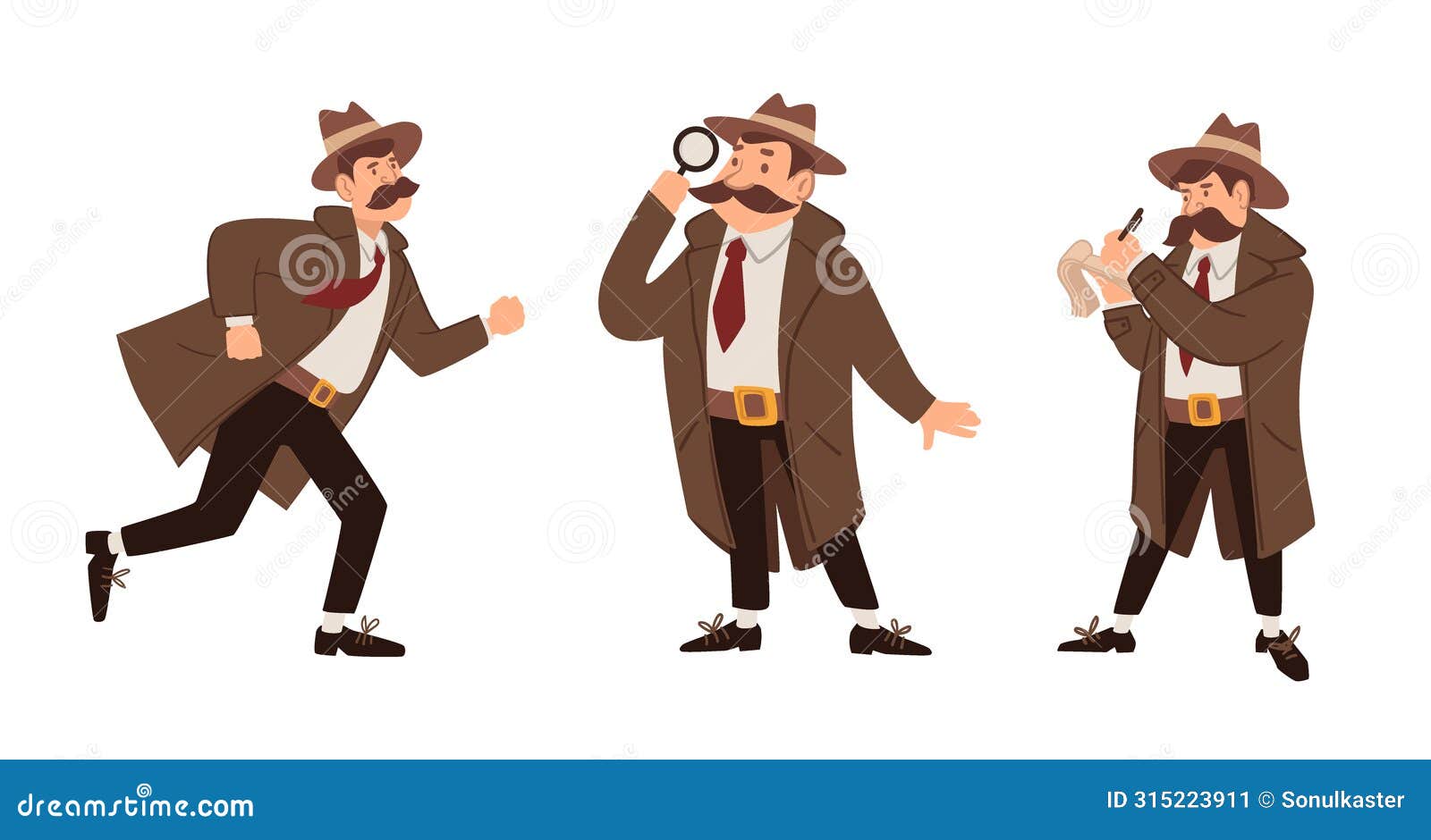 Classic Detective Character Poses Set Stock Illustration - Illustration ...