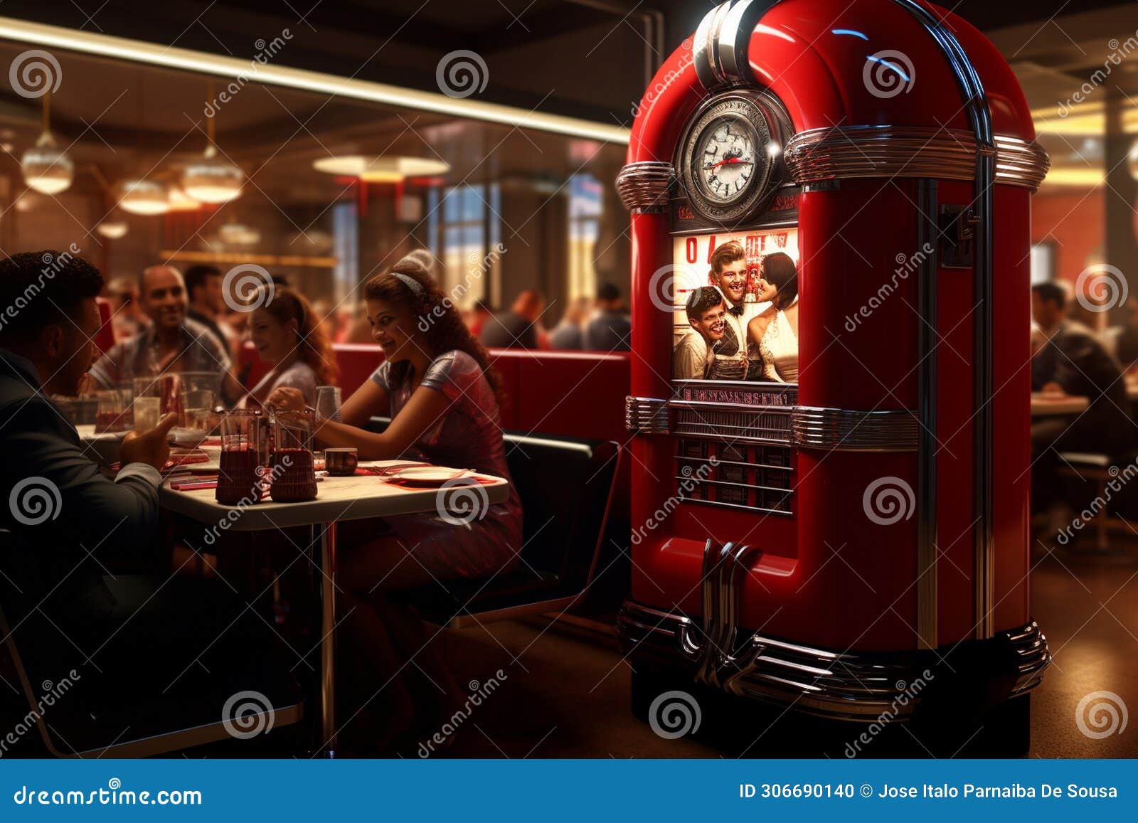 Classic Diner Scene with a Jukebox and Patrons. Generative Ai Stock ...