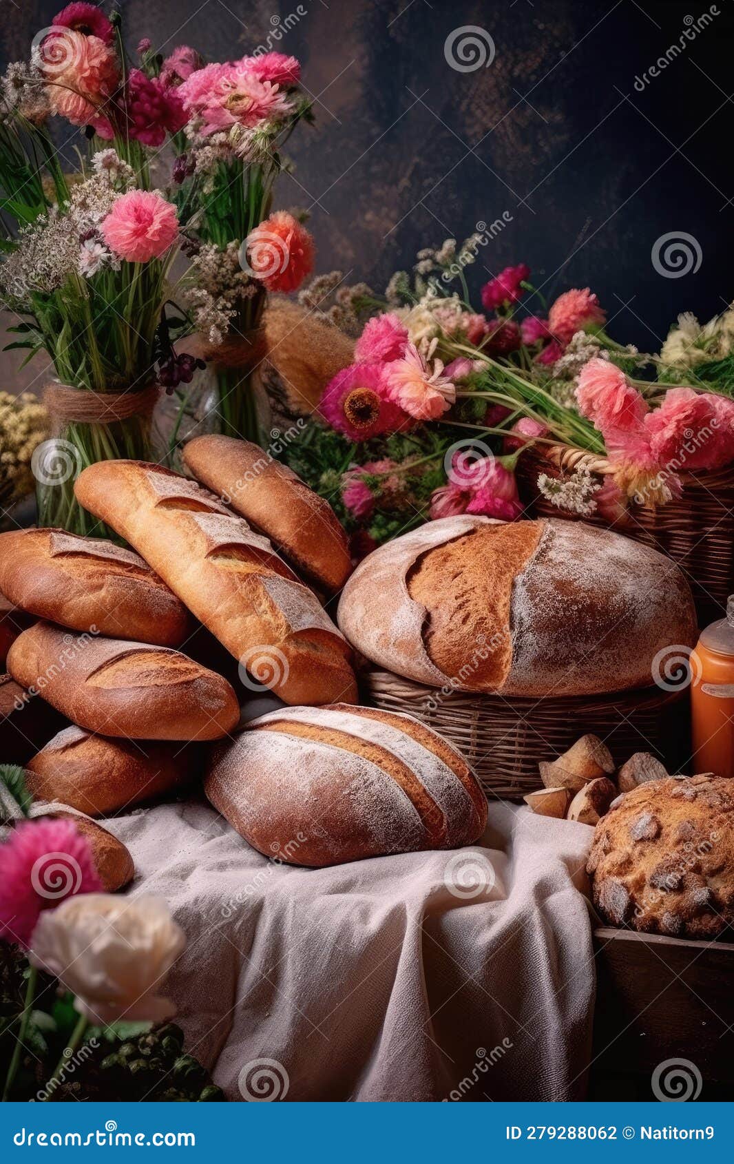 Classic Elegance: Assorted Bakery Items and Flowers in Rural Setting AI ...