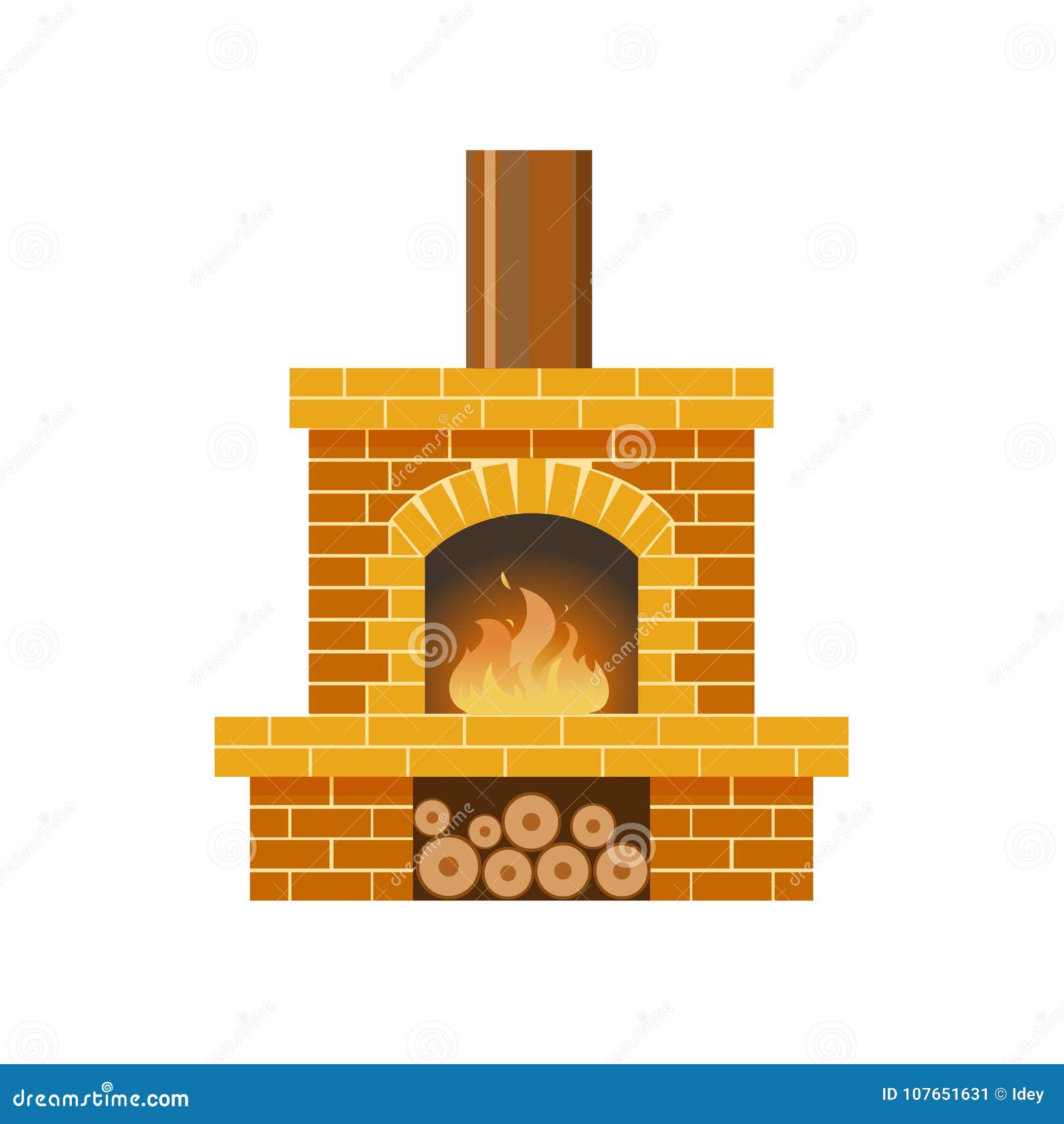Classic Fireplace Made Of Colored Bricks, With Burning Flame Inside ...