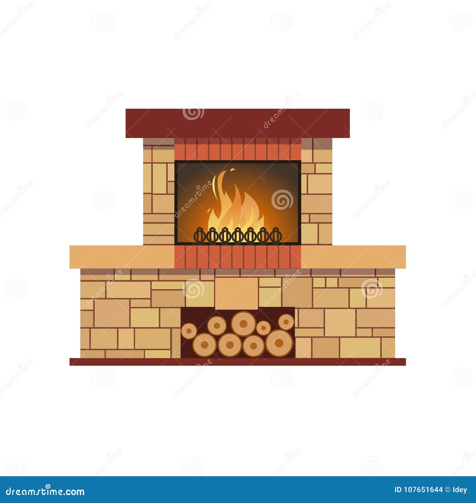 Classic Fireplace Made Of Colored Bricks, With Burning Flame Inside ...