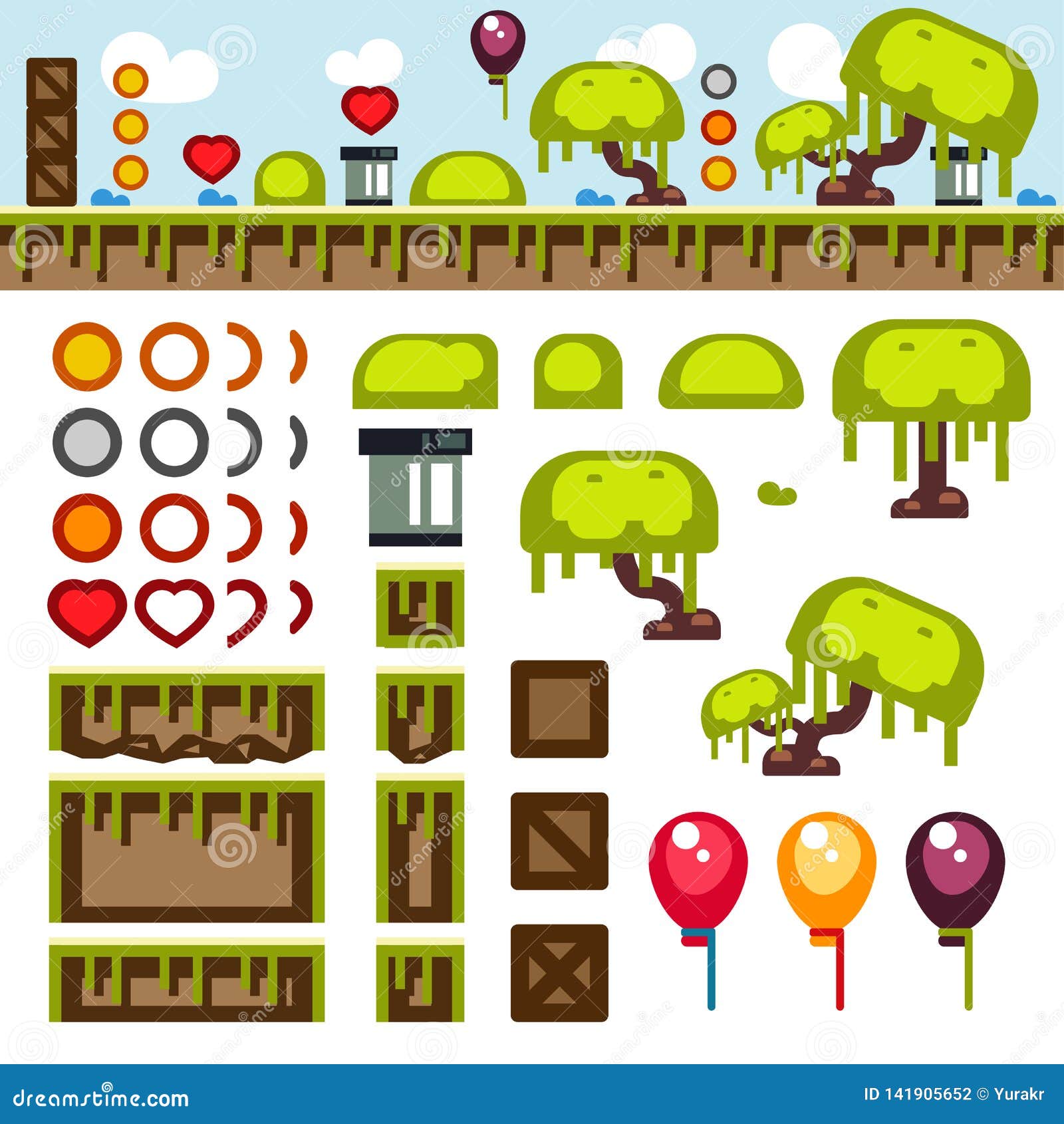 Classic Flat Game Level Kit Stock Vector - Illustration of tree, level ...