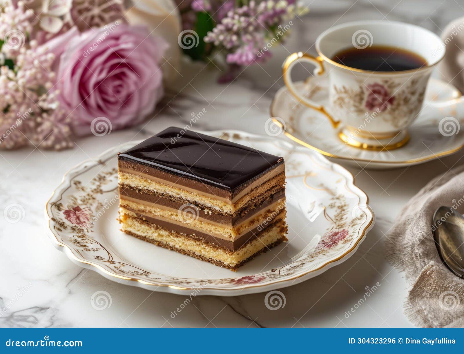 Classic French Opera Cake on a Plate with Cap of Tea Stock Photo ...