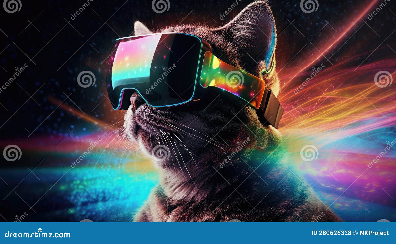 Classic Gray Cat Testing Virtual Reality Simulator Glasses. Like HUD ...