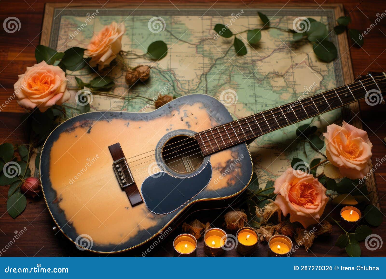 Classic guitar and roses stock illustration. Illustration of song ...