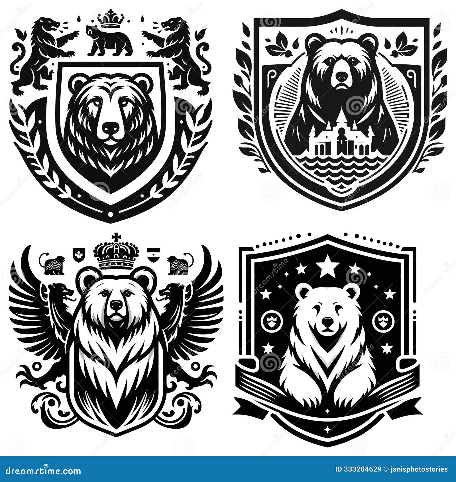 Heraldic Bear Coat Of Arms And Lion Emblems, Vector Illustration Black ...