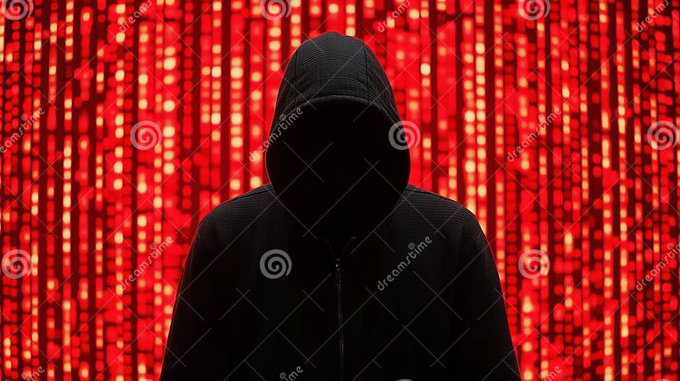 The Classic Image of a Computer Hacker. Red Background Stock Photo ...