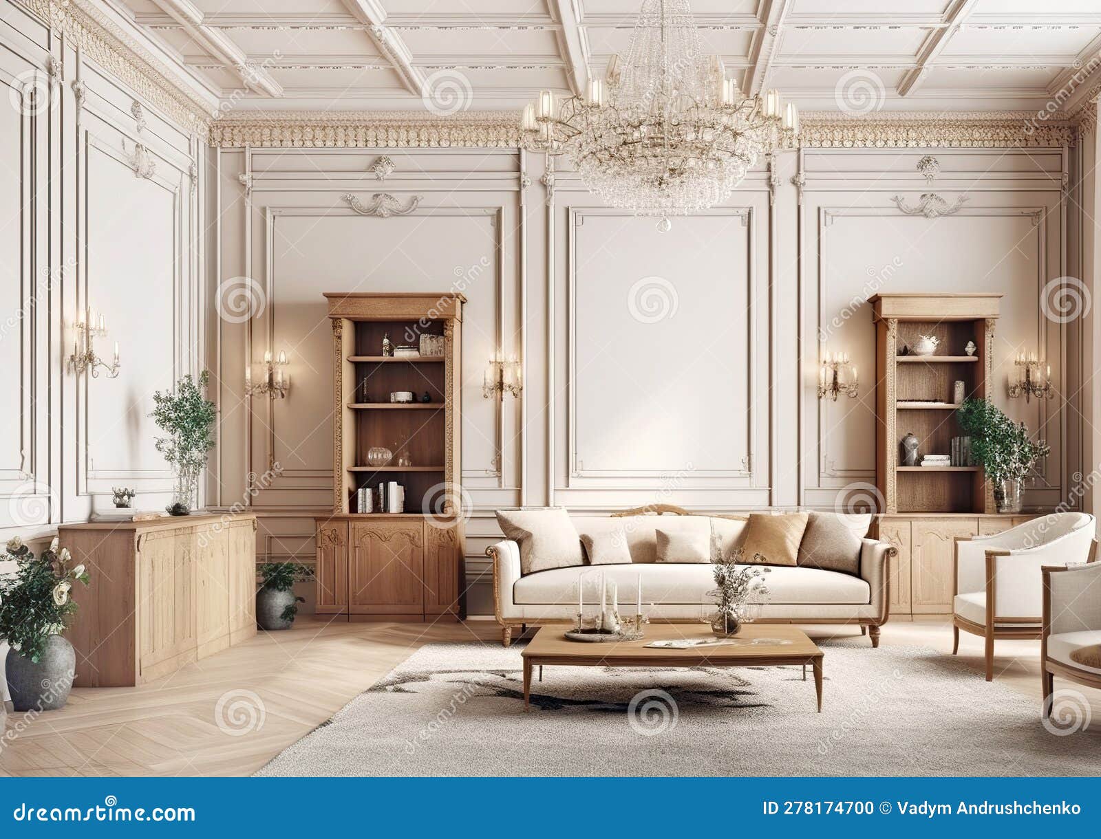 Classic Interior Design of Living Room with Paneling Wall and Ceiling ...