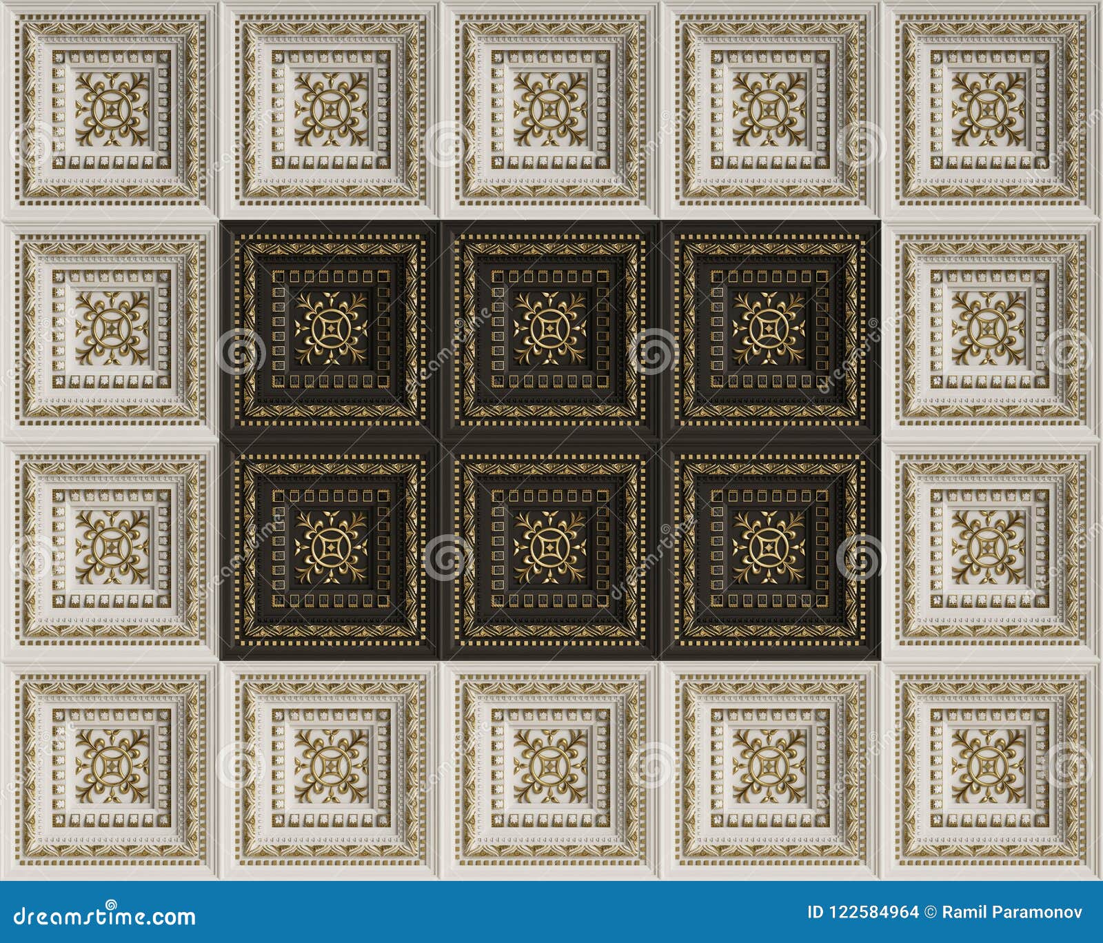 Classic Interior Flat Caisson Ceiling.White,black and Gold Decor Stock ...
