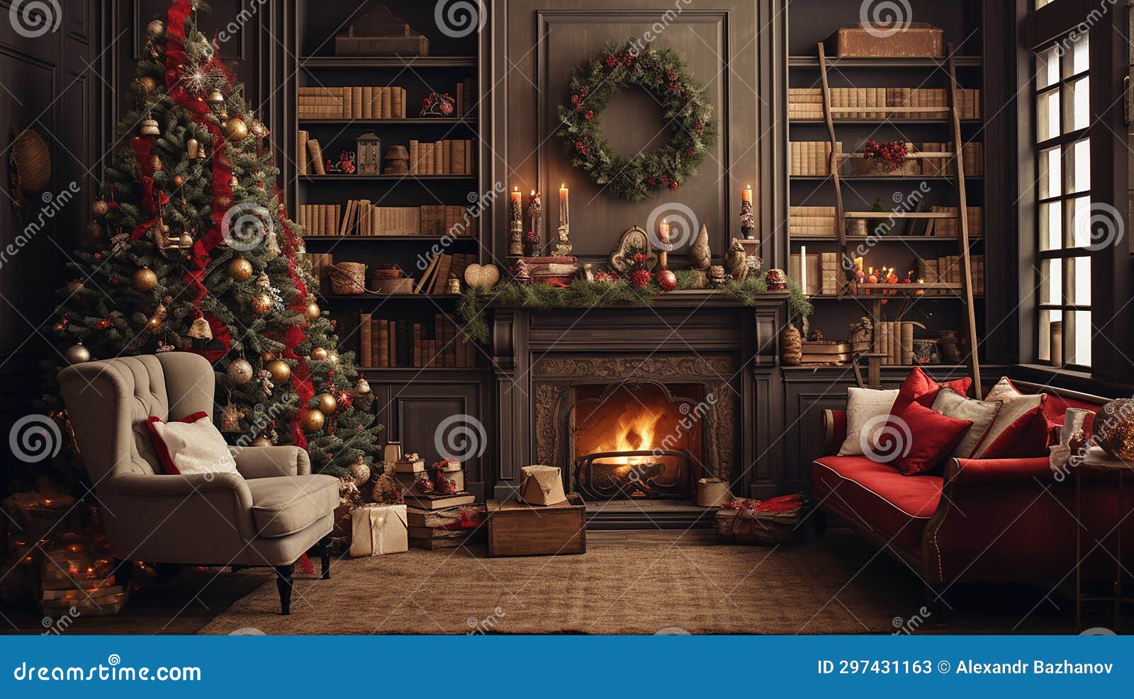 Classic Interior of Home Library with Fireplace Stock Illustration ...