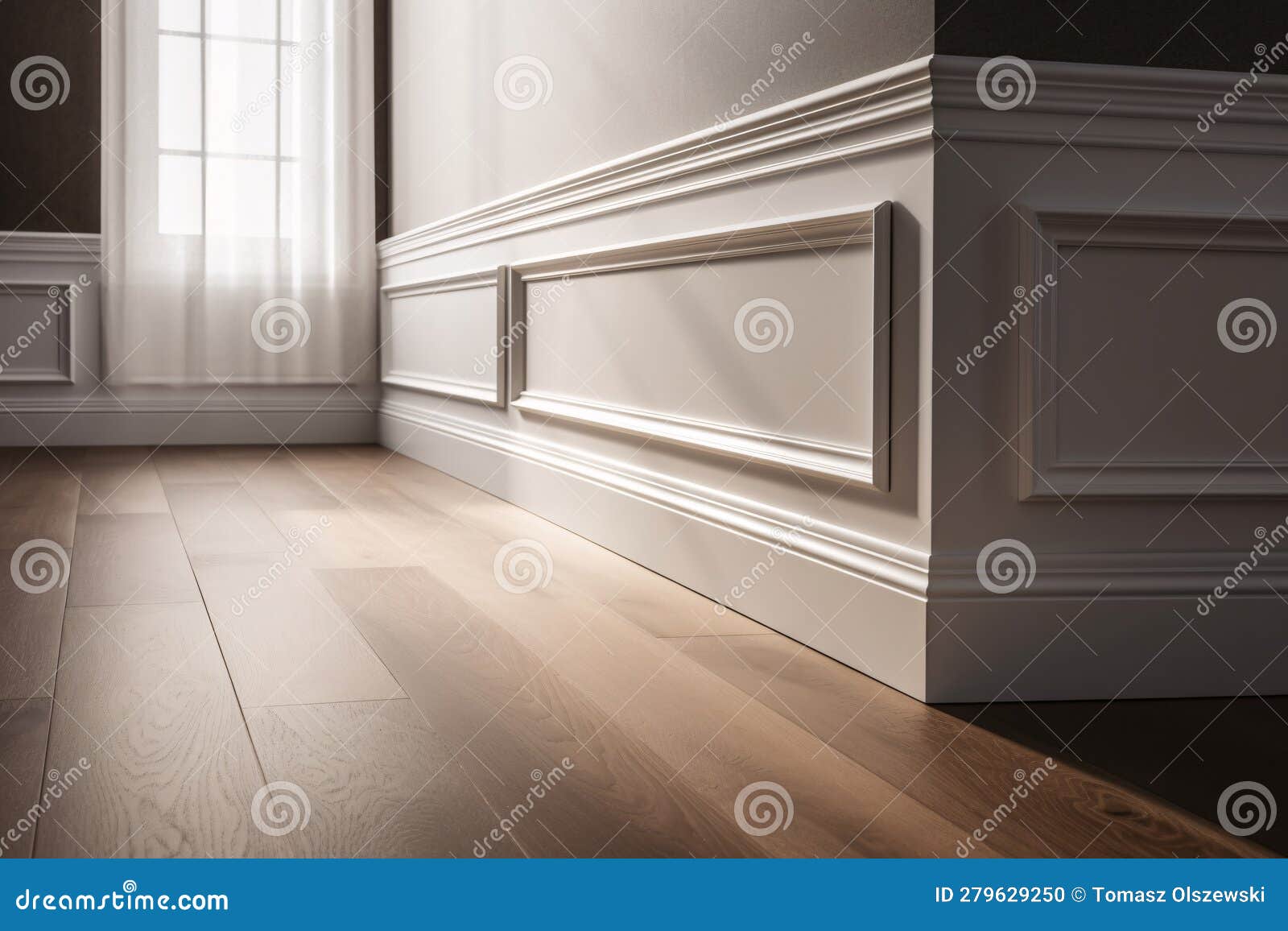 Classic Interior With Parquet Floor And White Walls. Baseboard And ...