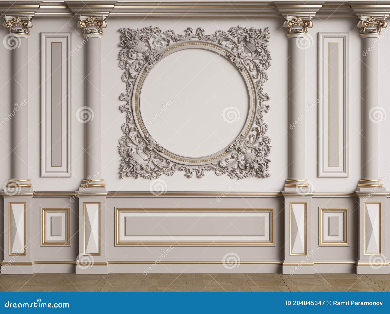 Classic Interior, White Wood Floor And White Wall With Roman Pillars ...