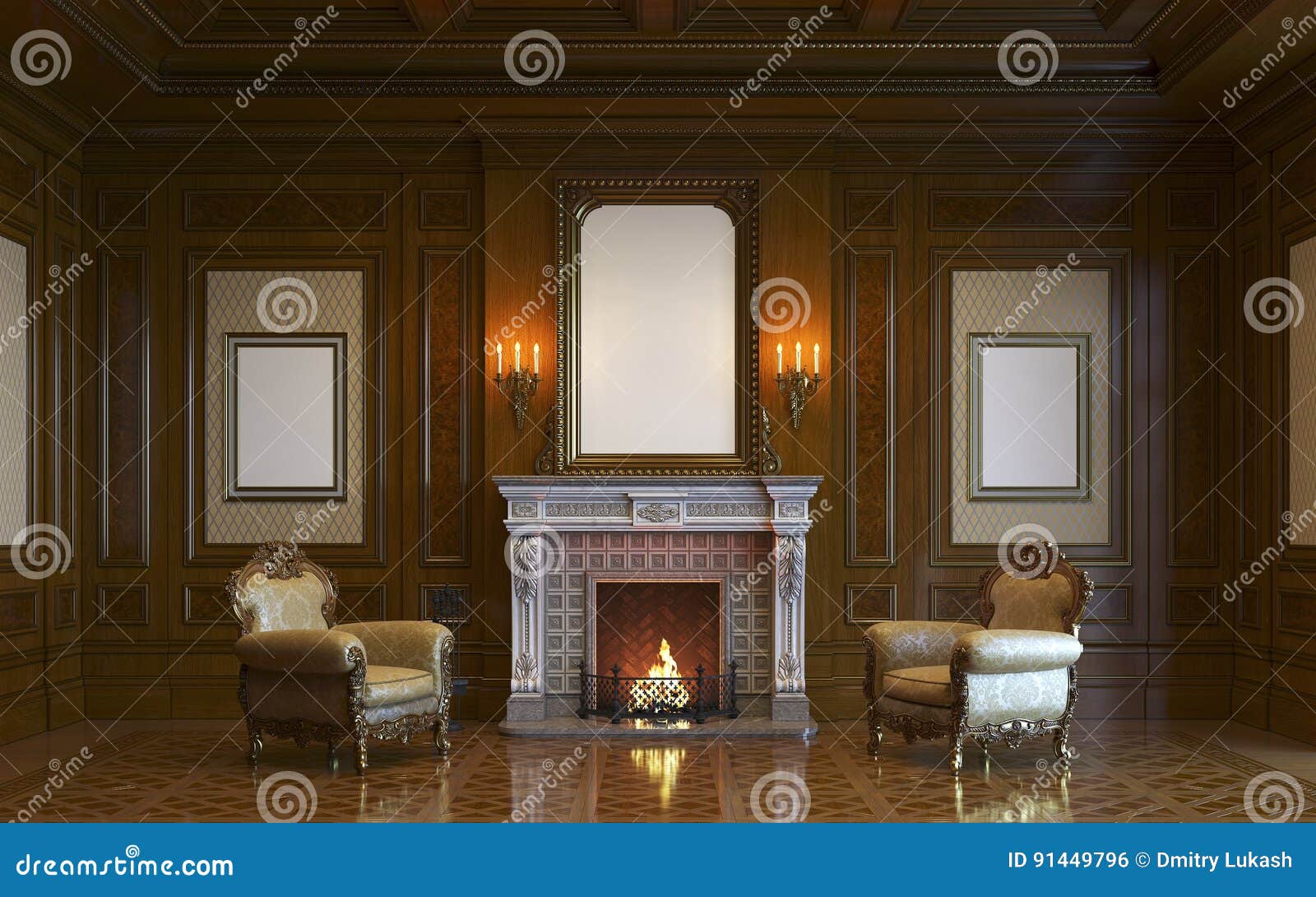 A Classic Interior with Wood Paneling and Fireplace. 3d Render. Stock ...