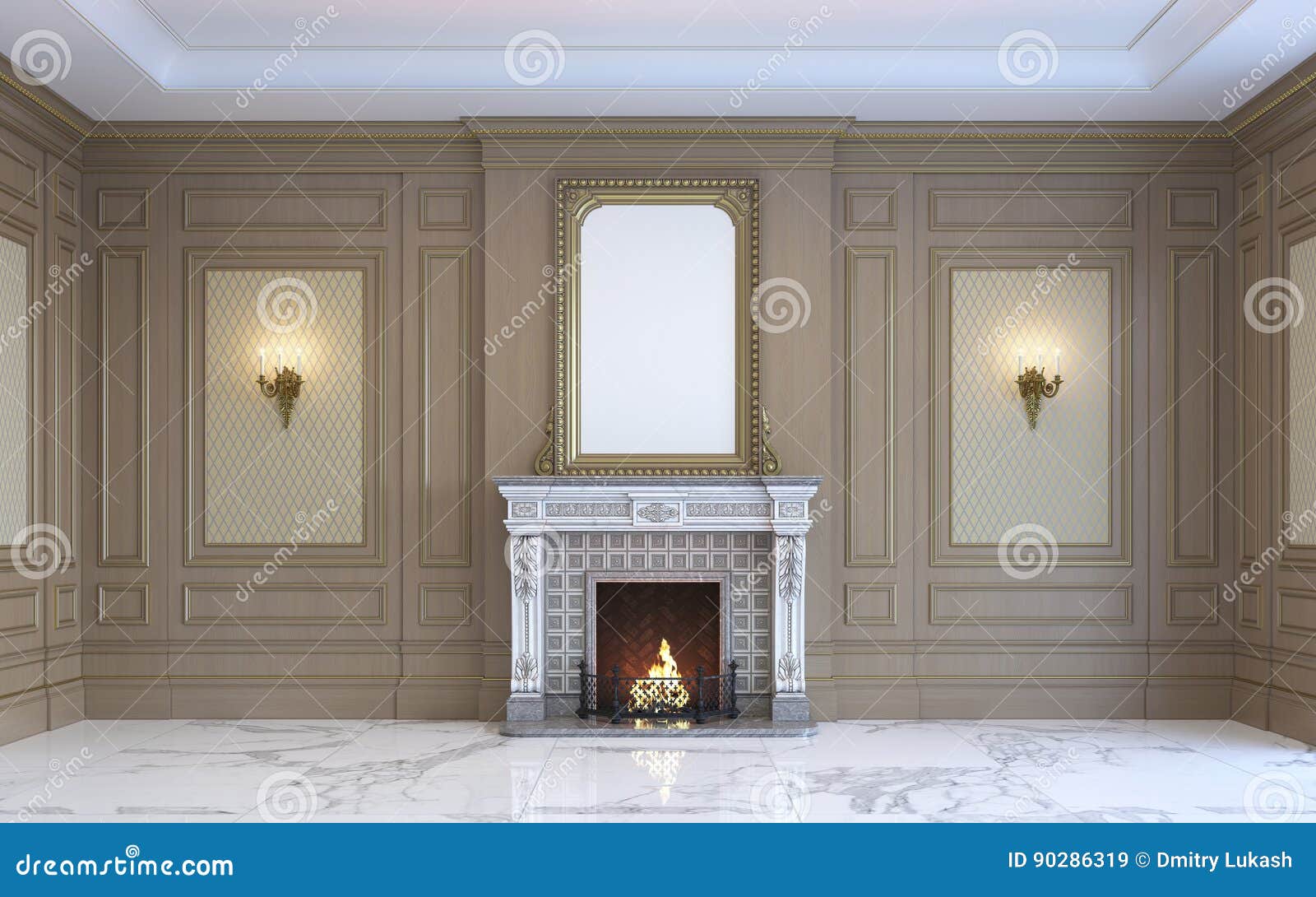A Classic Interior with Wood Paneling and Fireplace. 3d Rendering ...