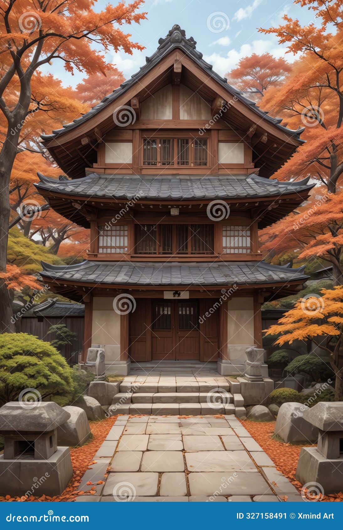 Classic Japanese Building at Autumn with Falling Maple Leaves Stock ...